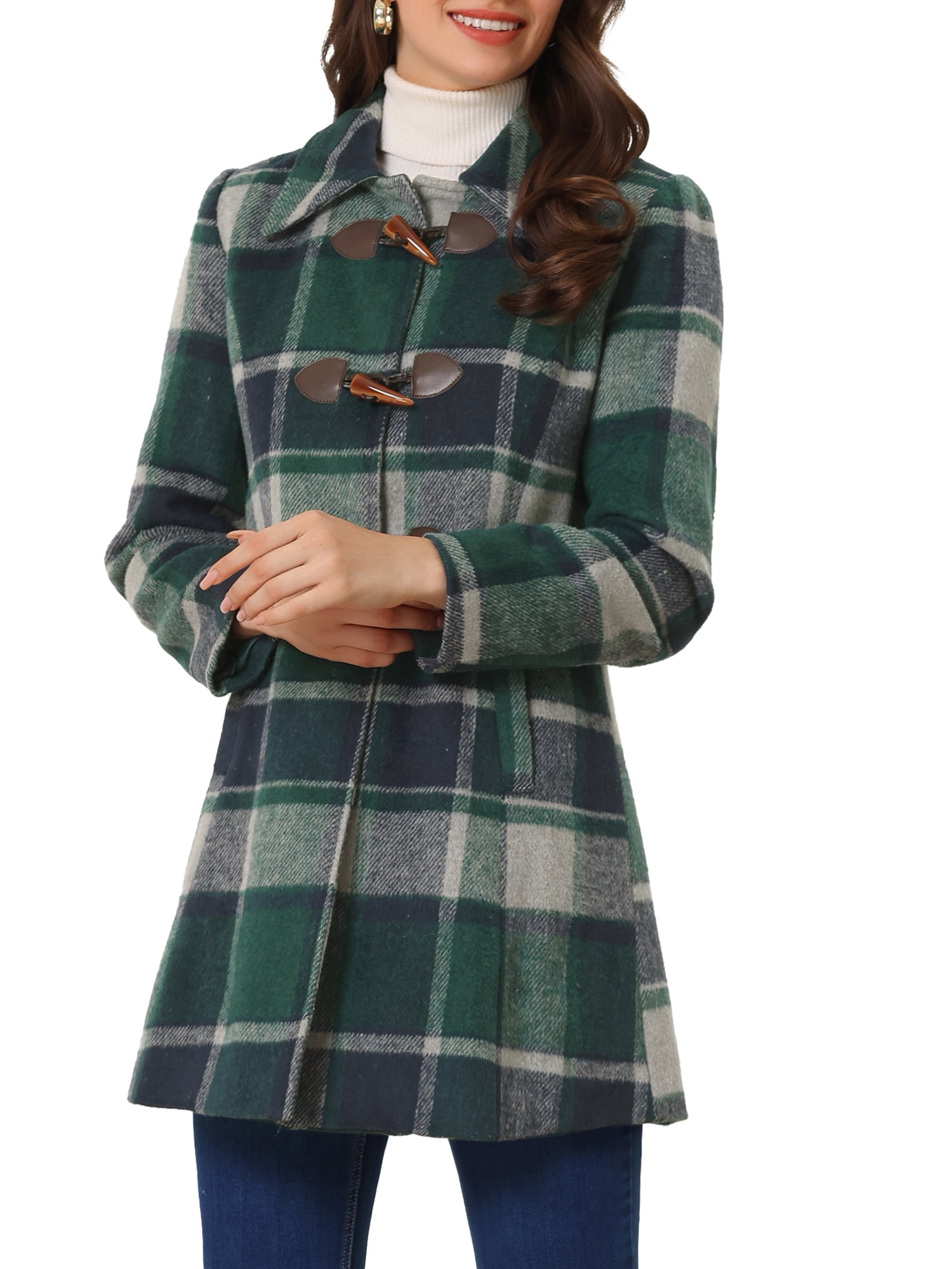 INSPIRE CHIC Women's Turn Down Collar Plaid Toggle Duffle Long Overcoat ...