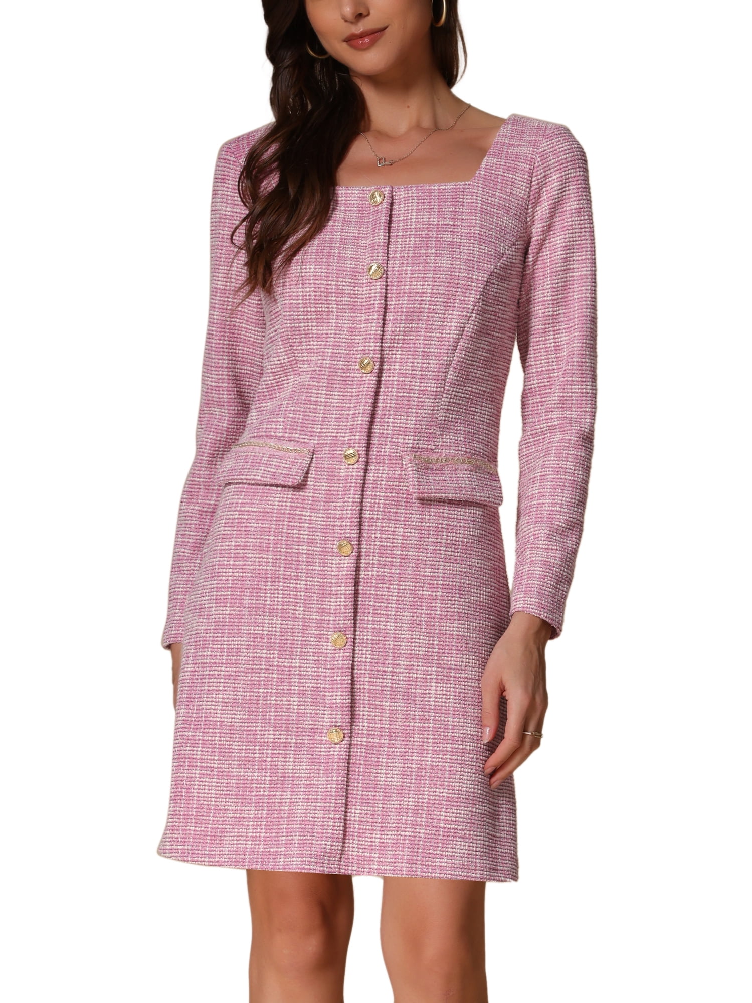 Allegra K Women's Tweed Dress Long Sleeves Square Neckline Knee Length ...