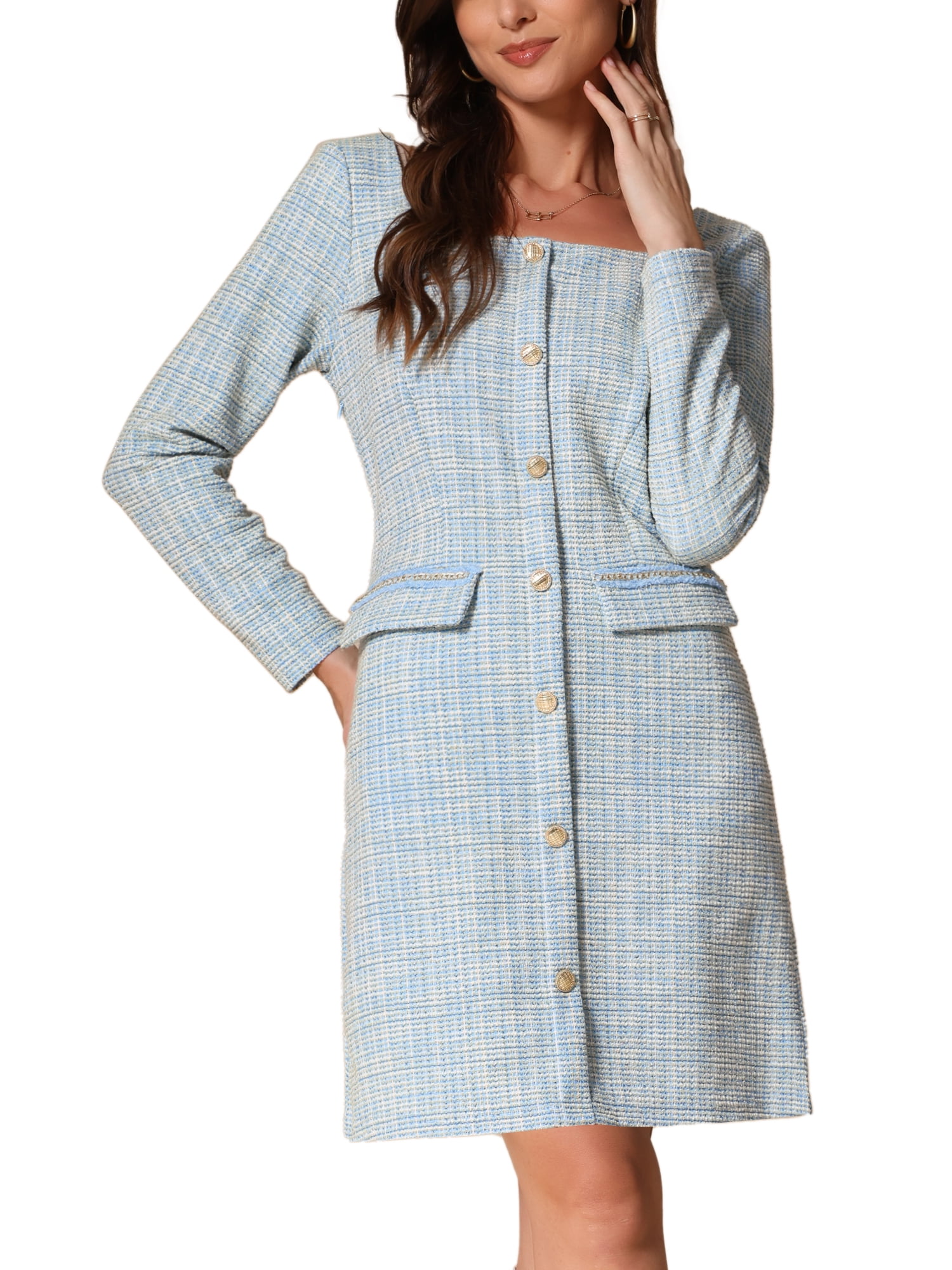 Allegra K Women's Tweed Dress Long Sleeves Square Neckline Knee Length ...
