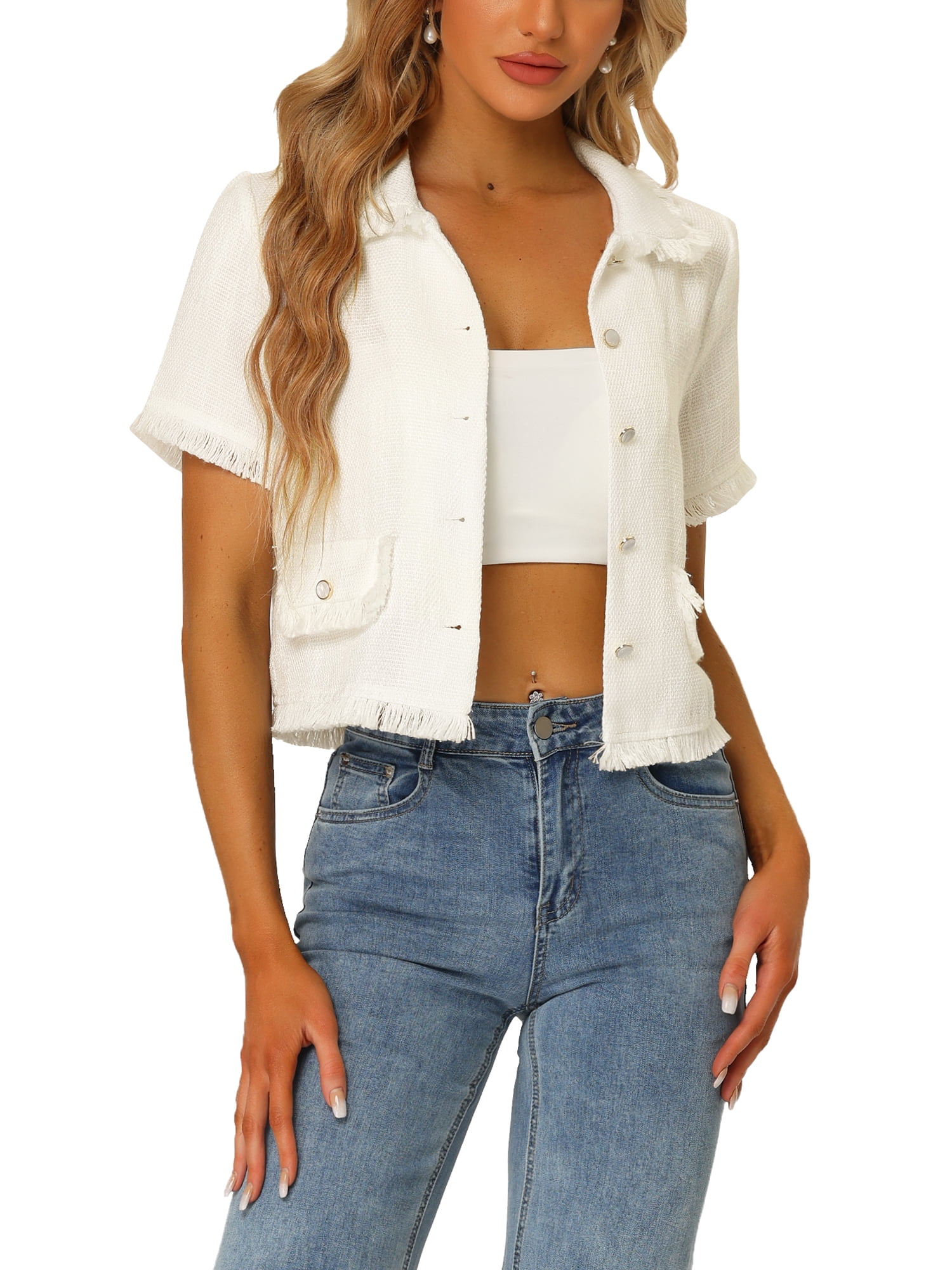 INSPIRE CHIC Women's Tweed Shirt with Tassel Cropped Length Spring ...