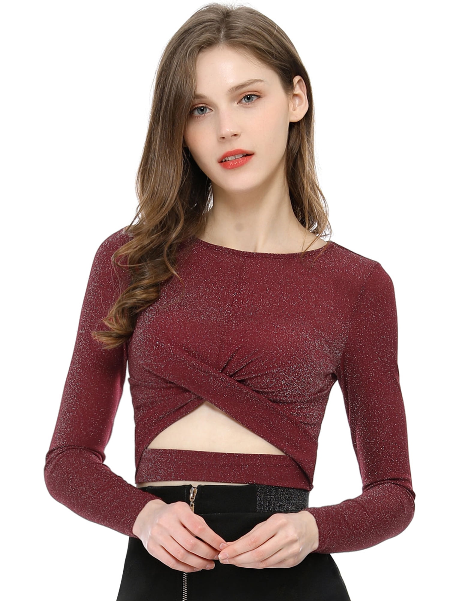 Allegra K Women's Twist Long Sleeve Cut Out Front Glitter Cross Crop ...