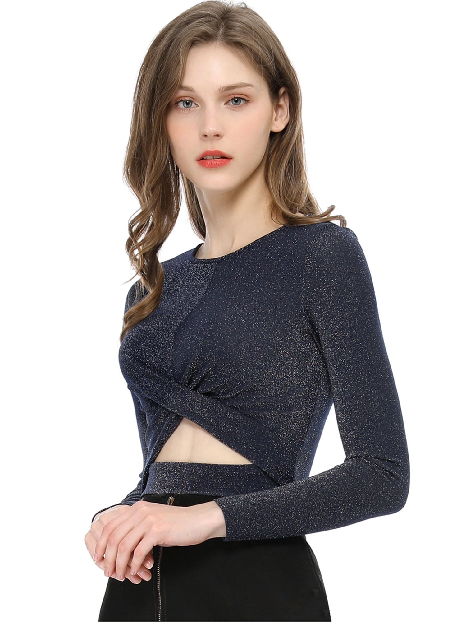 Allegra K Women's Twist Long Sleeve Cut Out Front Glitter Cross Crop ...