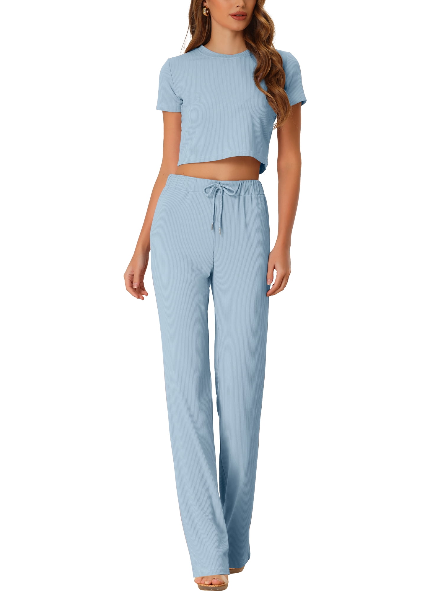 Allegra K Women's Two Piece Lounge Set Ribbed Crop Top Wide Leg Pant ...