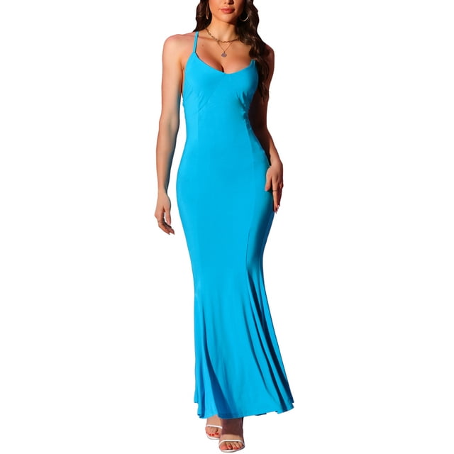 Allegra K Women's V Neck Bodycon Maxi Dress Adjustable Spaghetti Strap ...