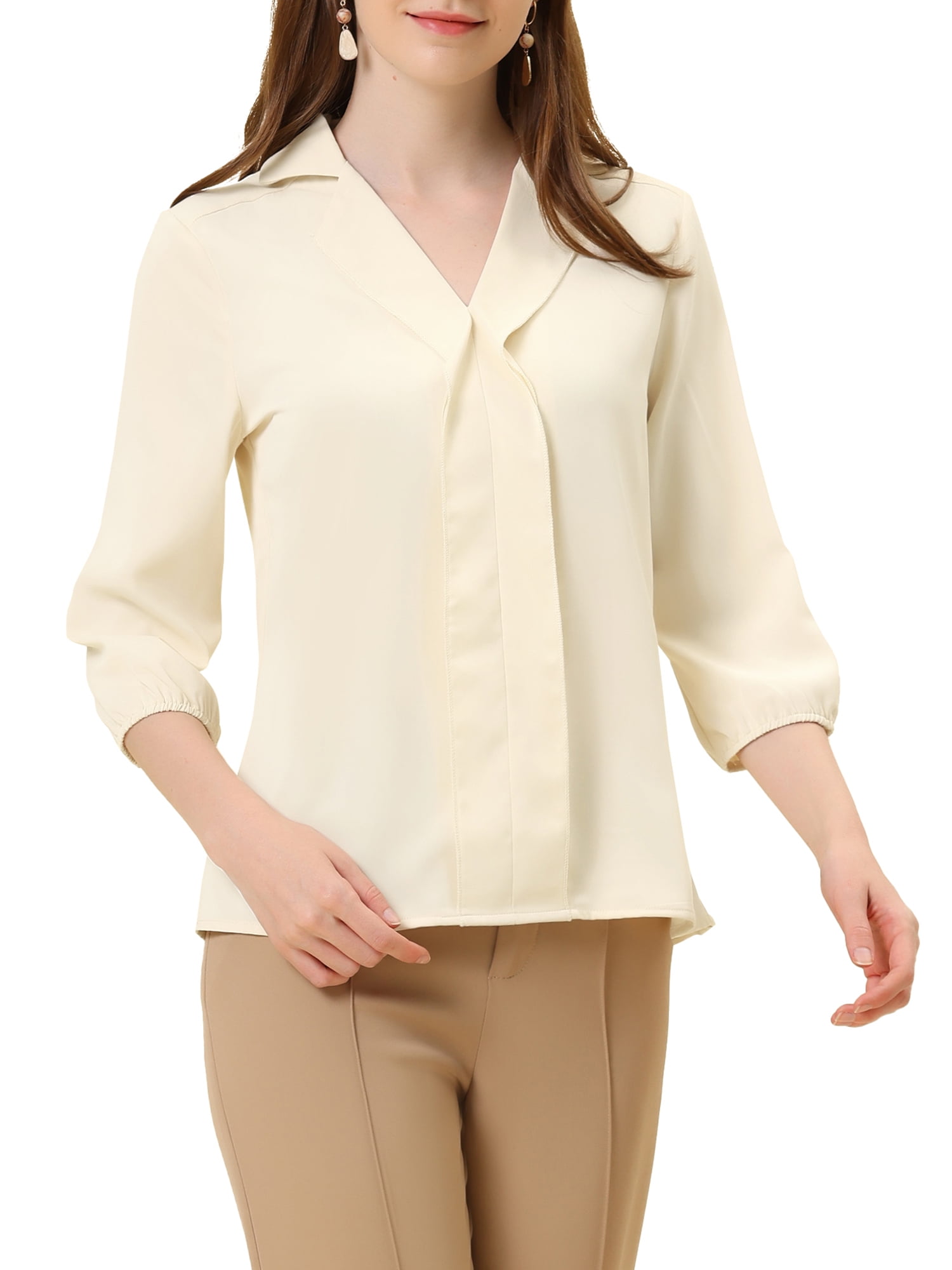 Allegra K Women's V Neck Collared 3/4 Sleeves Work Office Tops Blouse ...