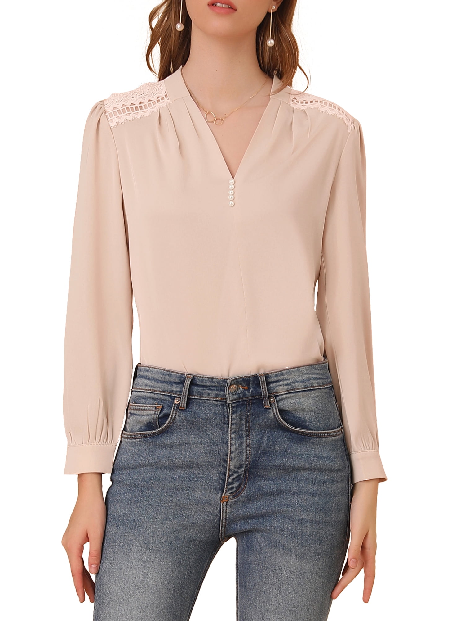 INSPIRE CHIC Women's V Neck Lace Trim Casual Ladies Tops Work Office ...