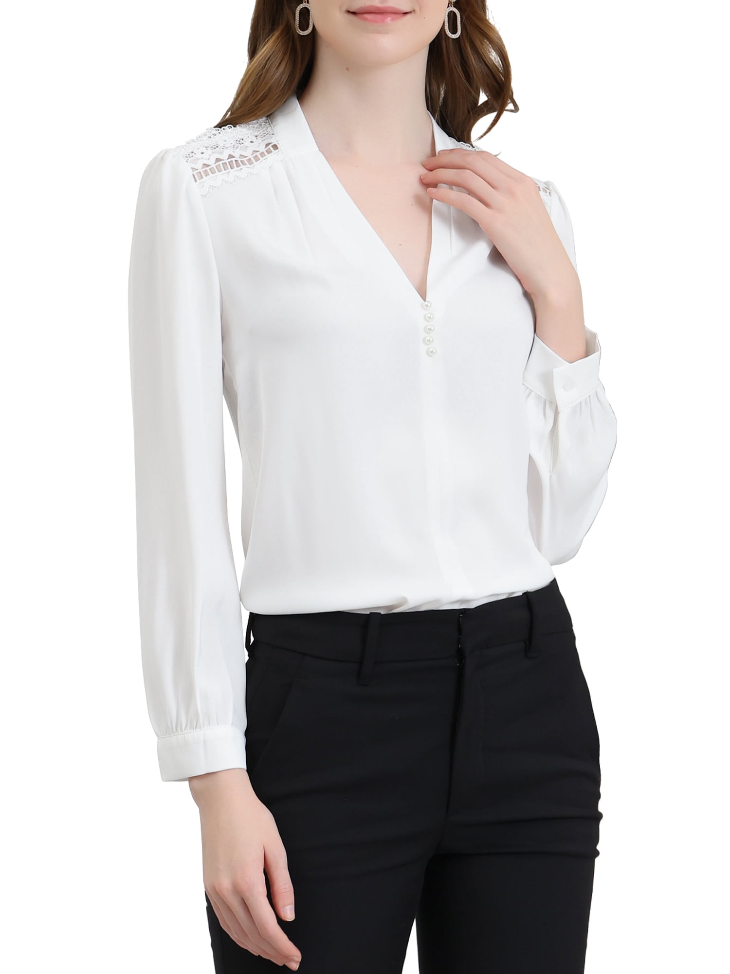 INSPIRE CHIC Women's V Neck Lace Trim Casual Ladies Tops Work Office ...