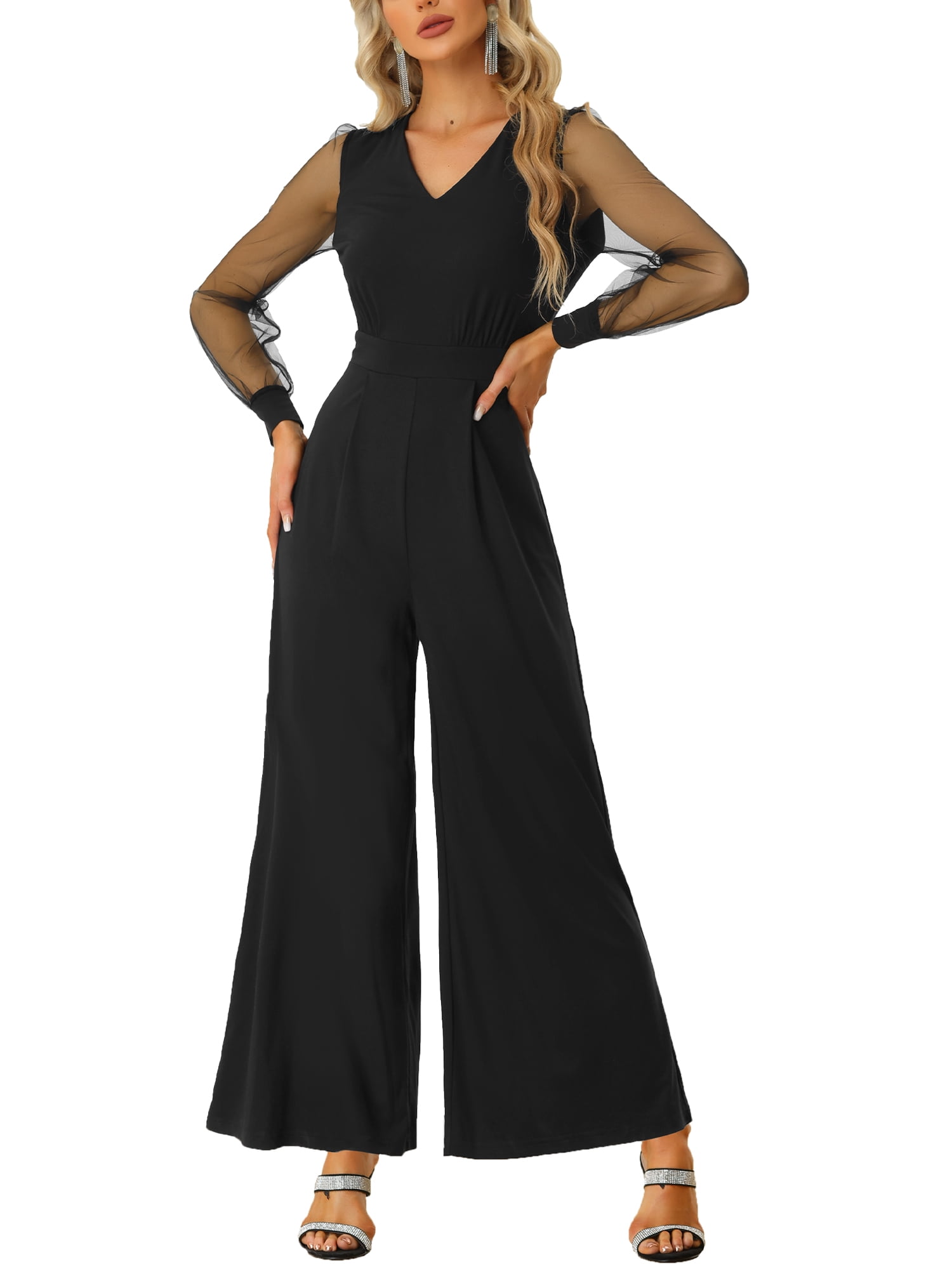INSPIRE CHIC Women's Jumpsuits V Neck Mesh Long Sleeve Wide Leg Party ...