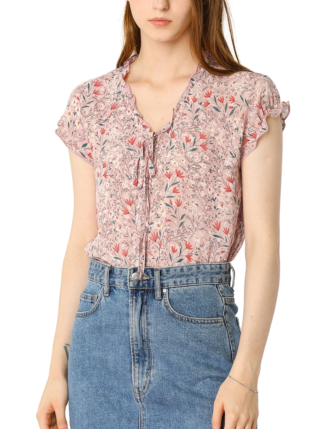 Allegra K Womens V Neck Short Sleeves Ruffled Trim Ditsy Floral