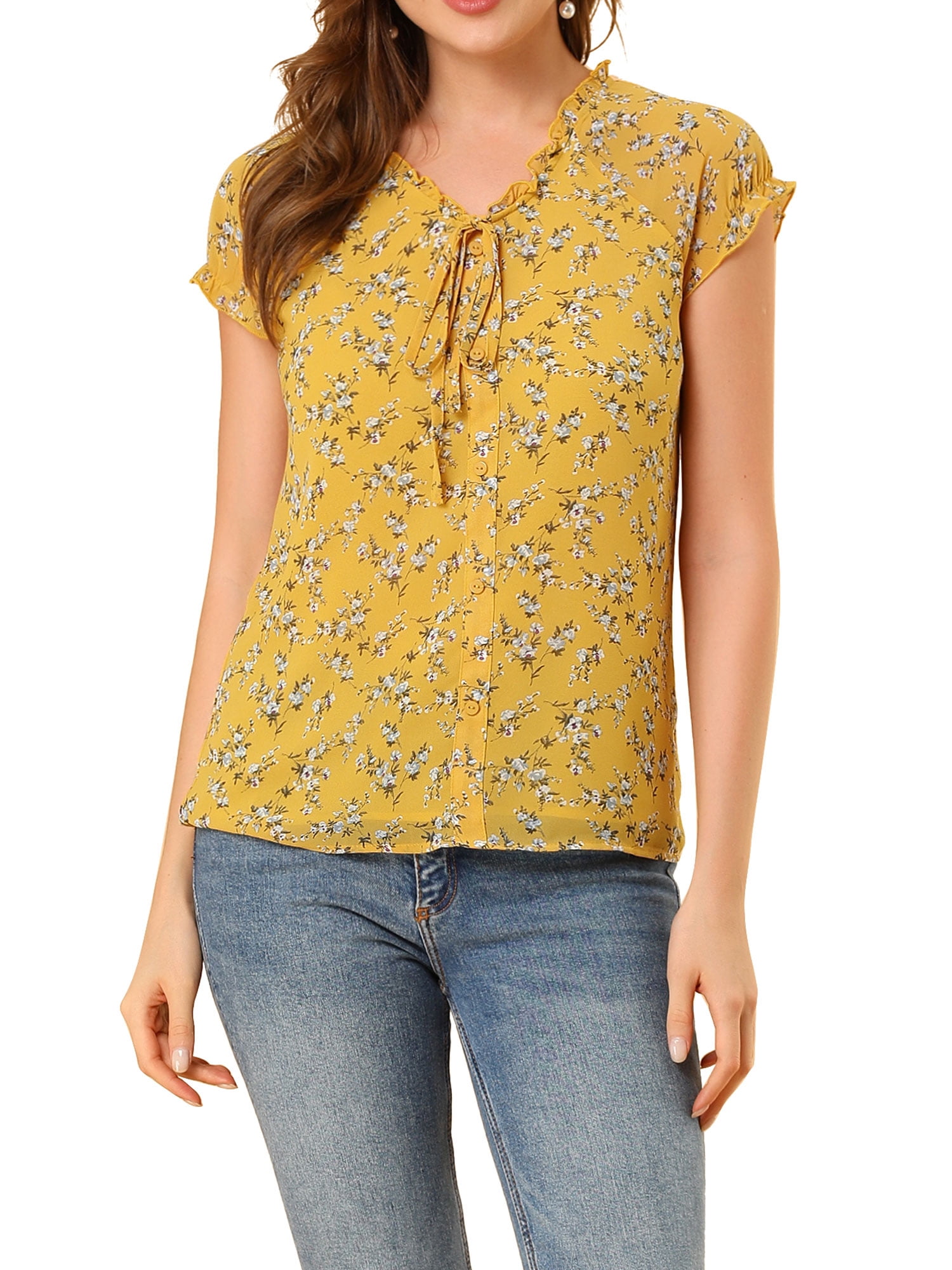 Allegra K Womens V Neck Short Sleeves Ruffled Trim Ditsy Floral