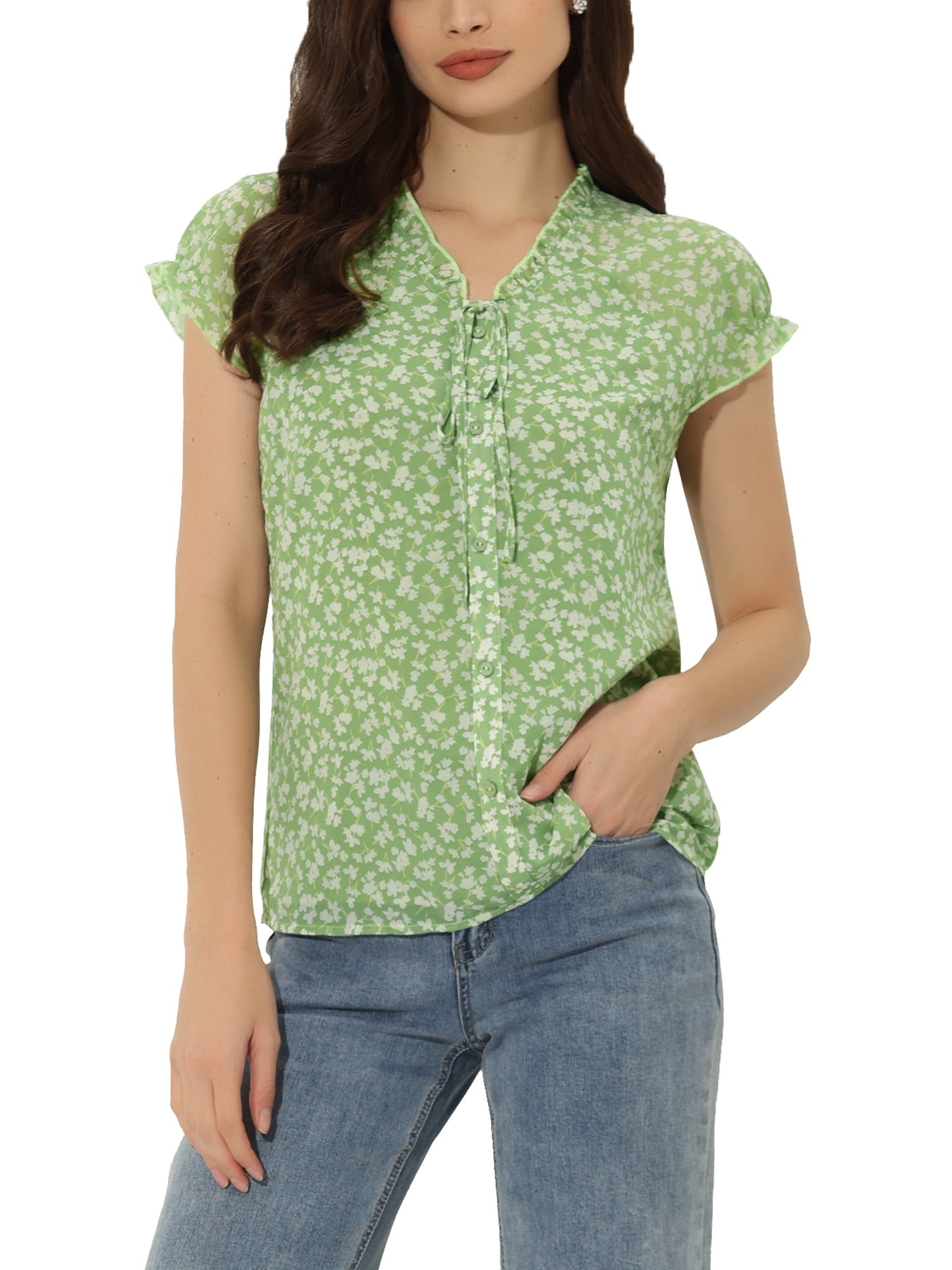 Allegra K Womens V Neck Short Sleeves Ruffled Trim Ditsy Floral