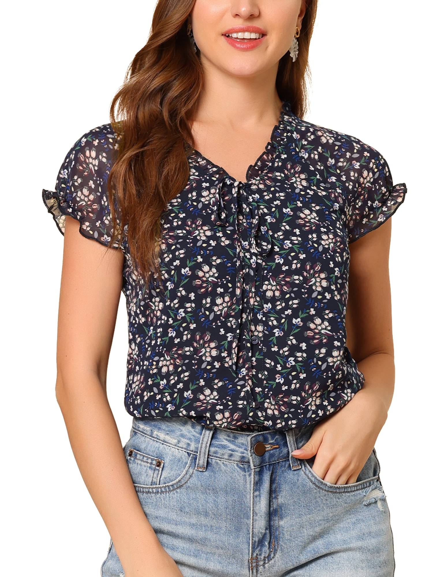Allegra K Womens V Neck Short Sleeves Ruffled Trim Ditsy Floral