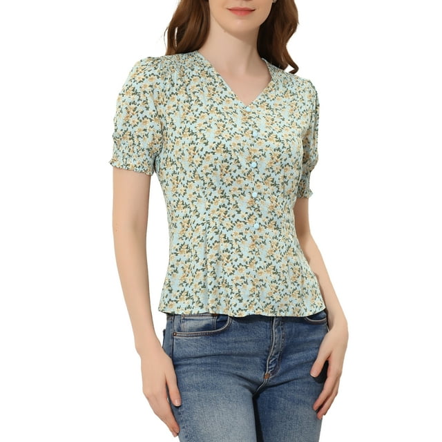 Allegra K Womens V Neck Short Sleeves Tops Button Decor Floral Blouse