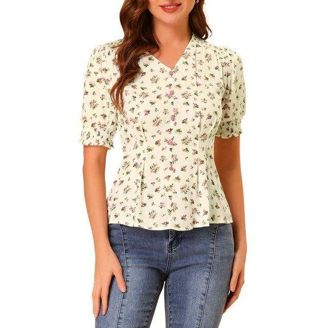 Allegra K Womens V Neck Short Sleeves Tops Button Decor Floral Blouse