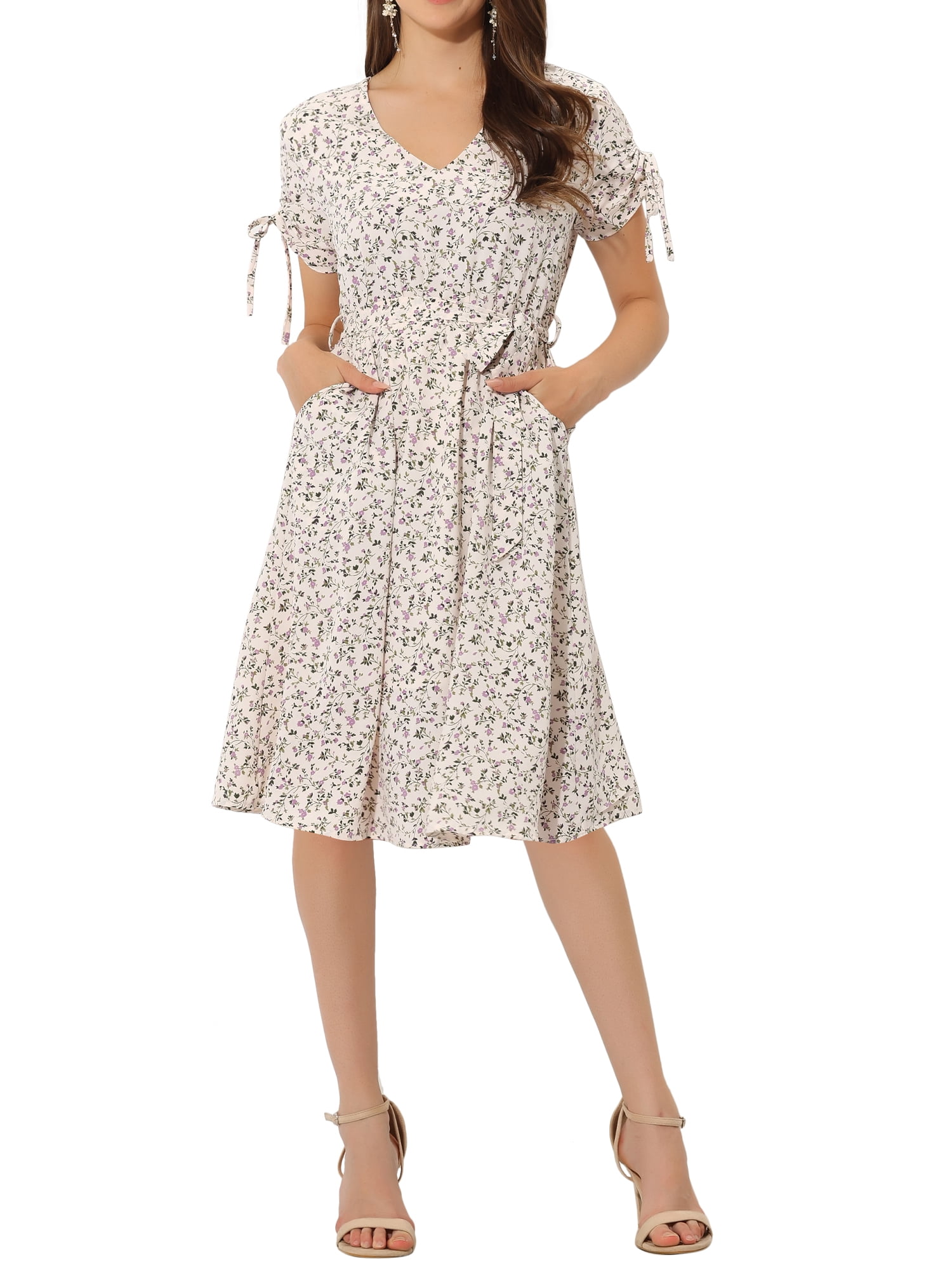 Allegra K Women's V Neck Tie Cuffs Belted Waist A-Line Floral Midi ...