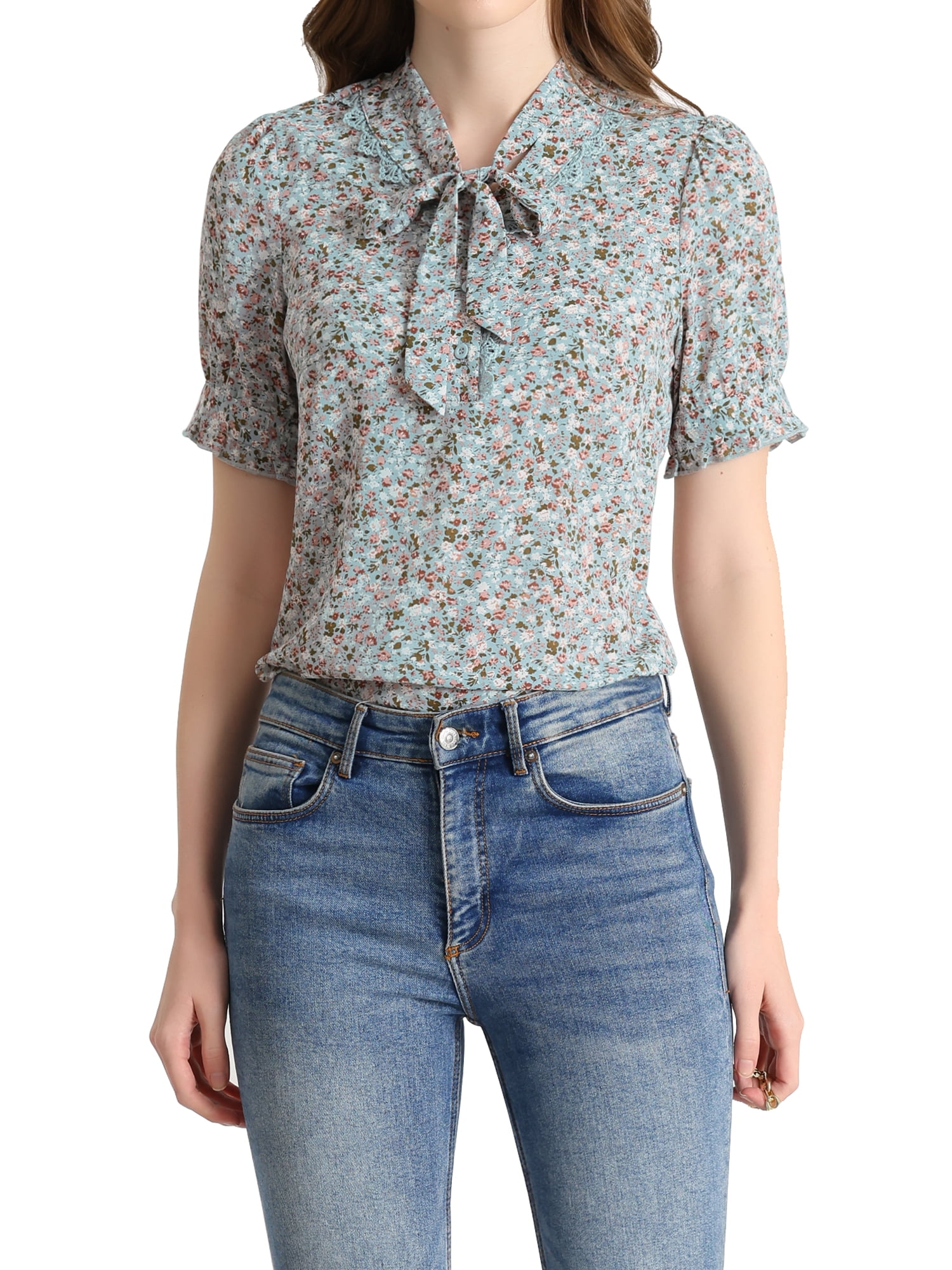 INSPIRE CHIC Women's V Tie Neck Turn Down Collar Puff Sleeve Floral Blouse Top XL Light Blue ...