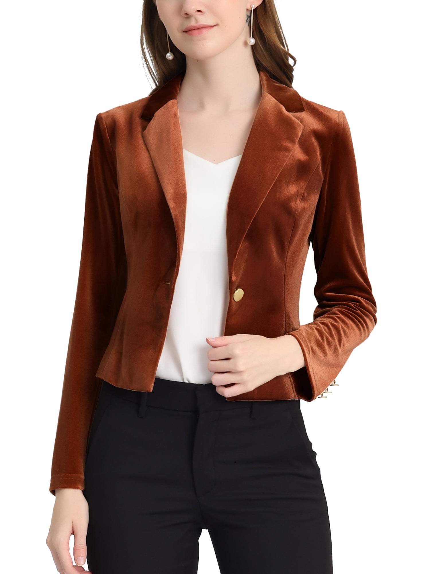 Allegra K Women's Velvet Blazer Lapel Collar Long Sleeve Button Wear-to ...