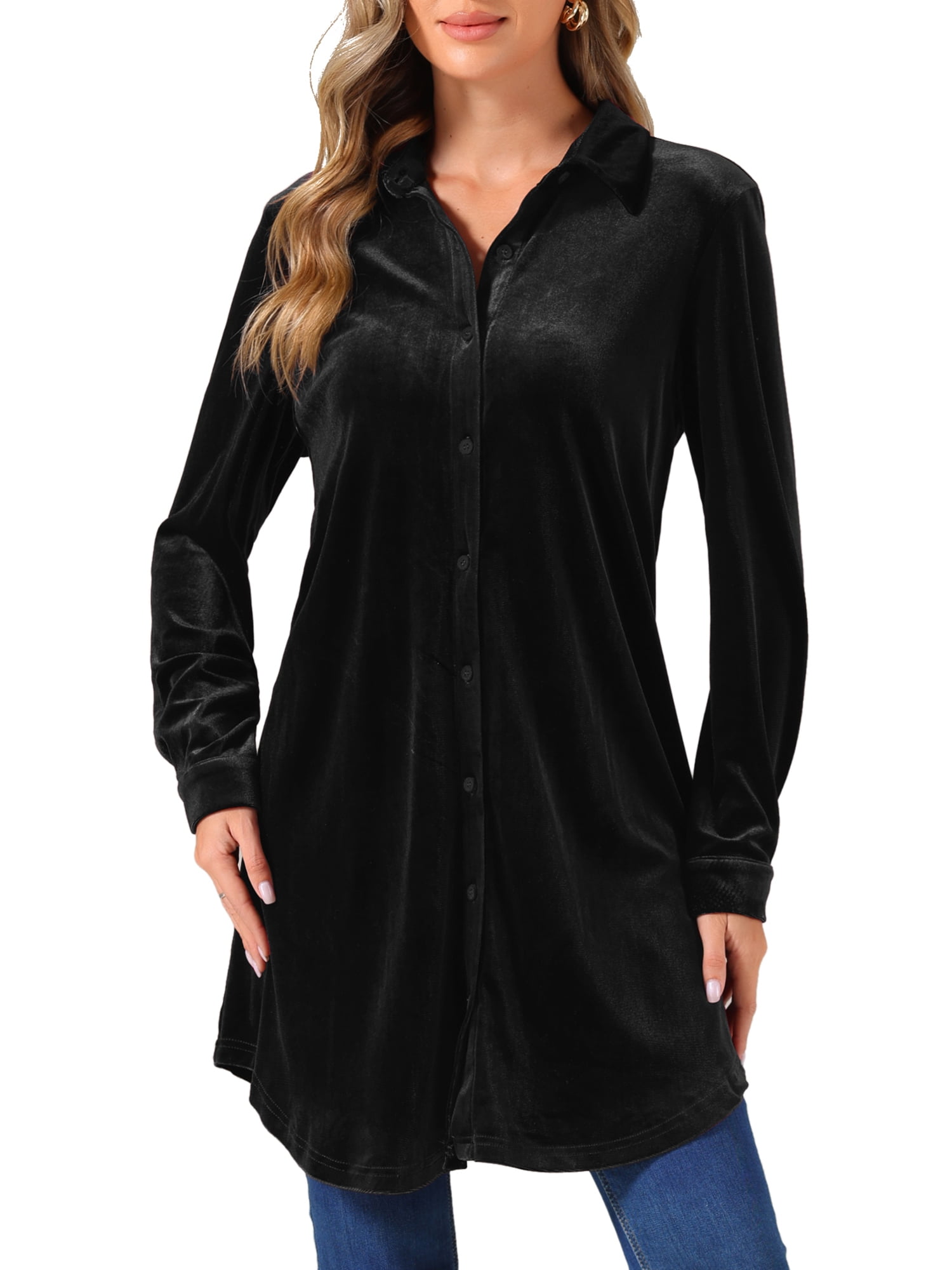 INSPIRE CHIC Women's Velvet Button Down T Shirts Swing Mini Dress ...