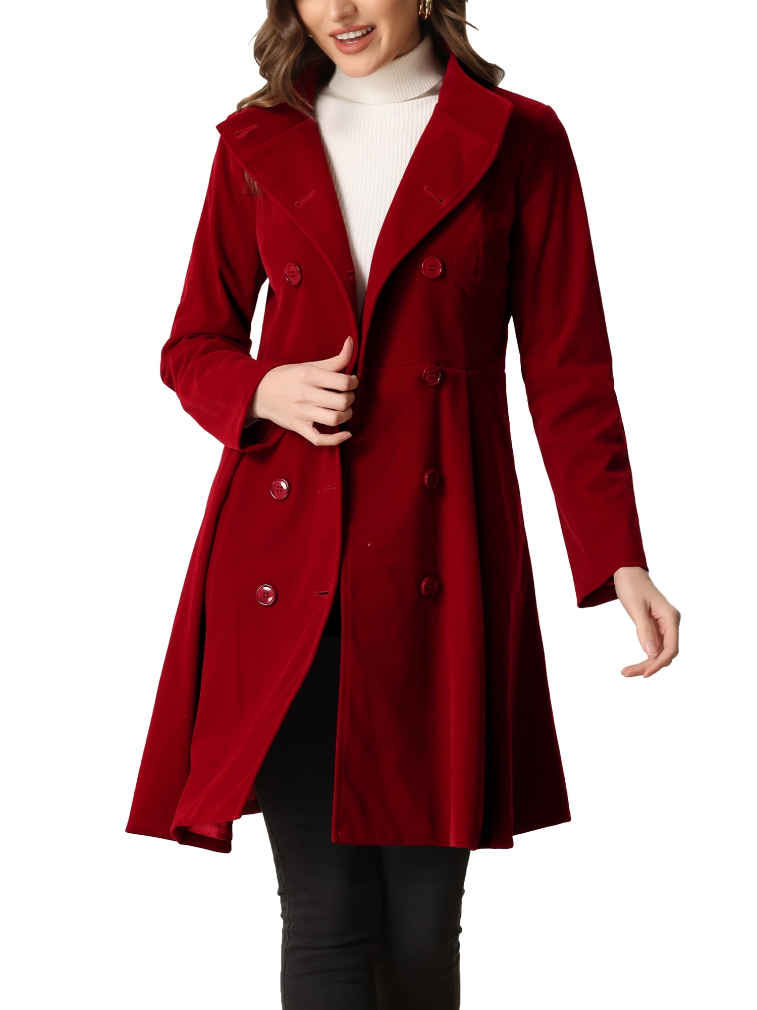 Allegra K Women's Velvet Coat, Stand Collar, Double Breasted, A-Line ...