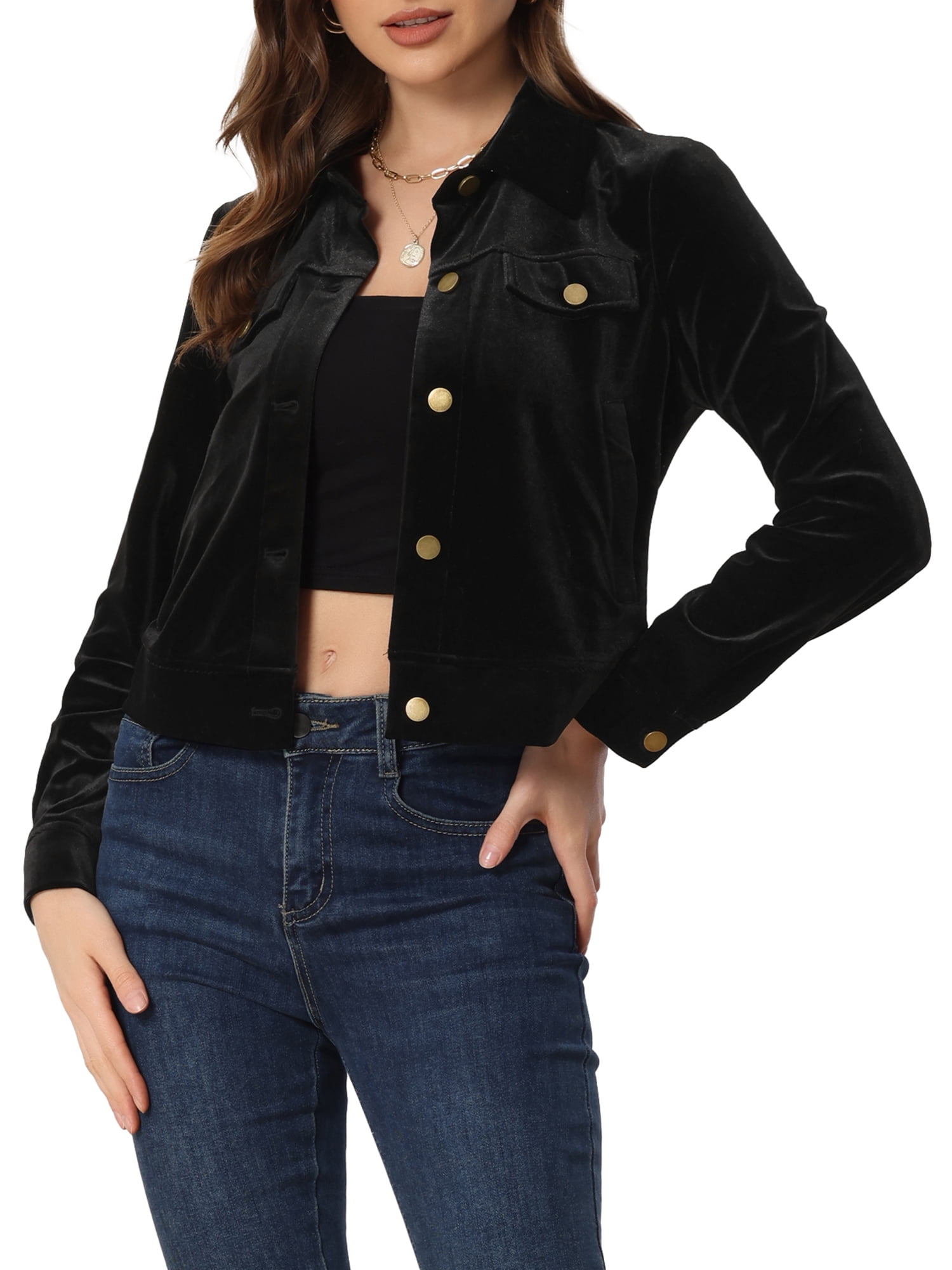 INSPIRE CHIC Women's Velvet Jacket Faux Flap Pocket Long Sleeves Button ...