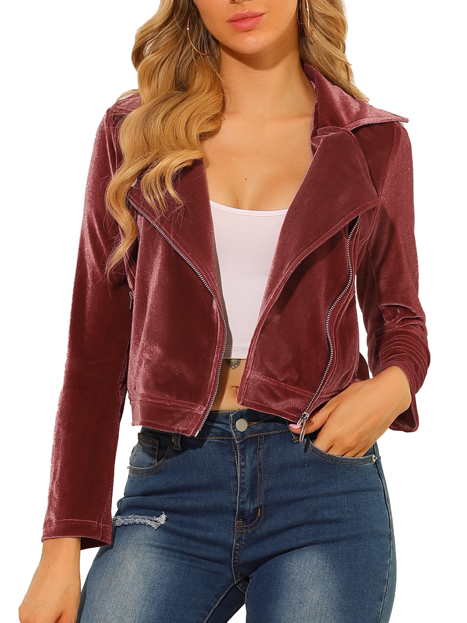 INSPIRE CHIC Women's Velvet Notched Lapel Zipper Cropped Motorcycle ...