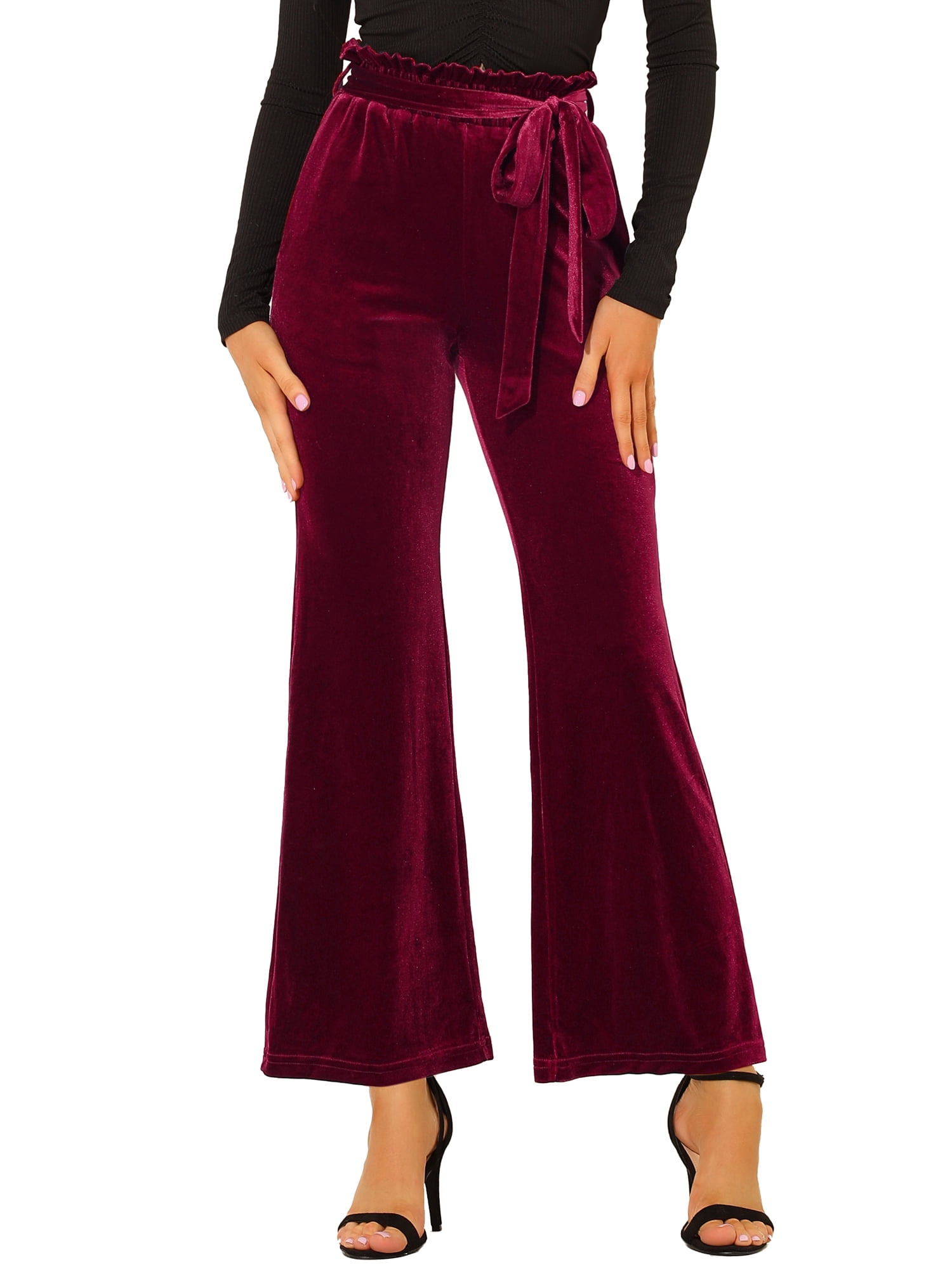 INSPIRE CHIC Women's Velvet Pants Tie Waist Stretchy Wide Leg Pants with Pockets L Burgundy ...
