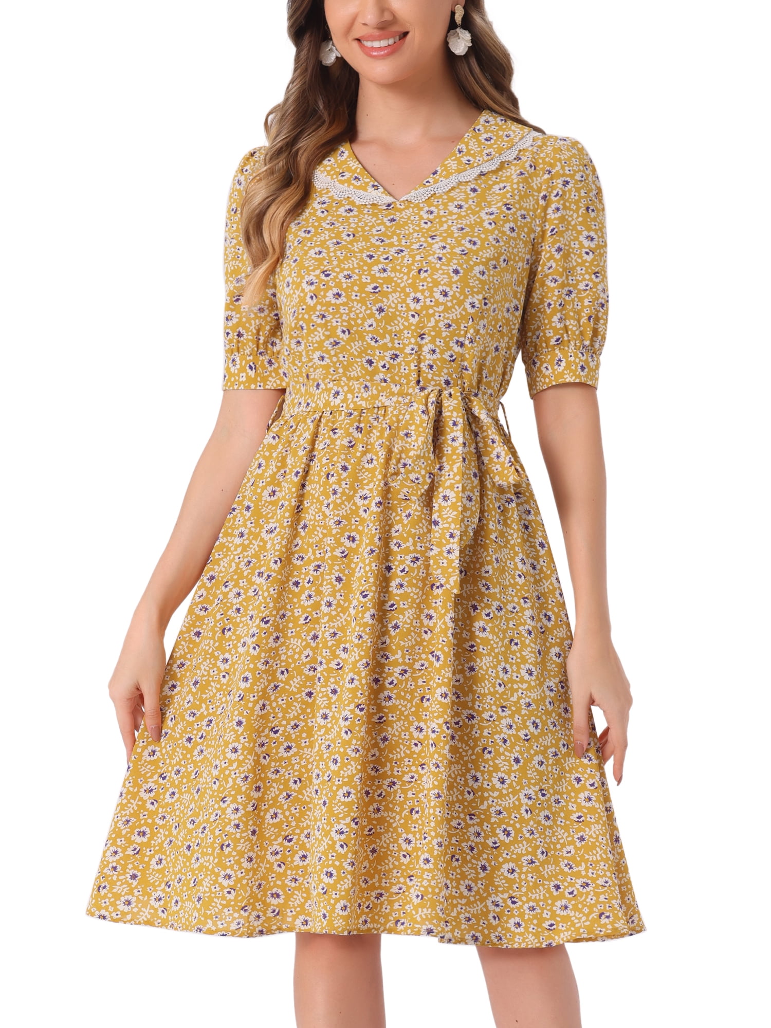 INSPIRE CHIC Women's Vintage Peter Pan Collar High Waist Flowy Midi ...