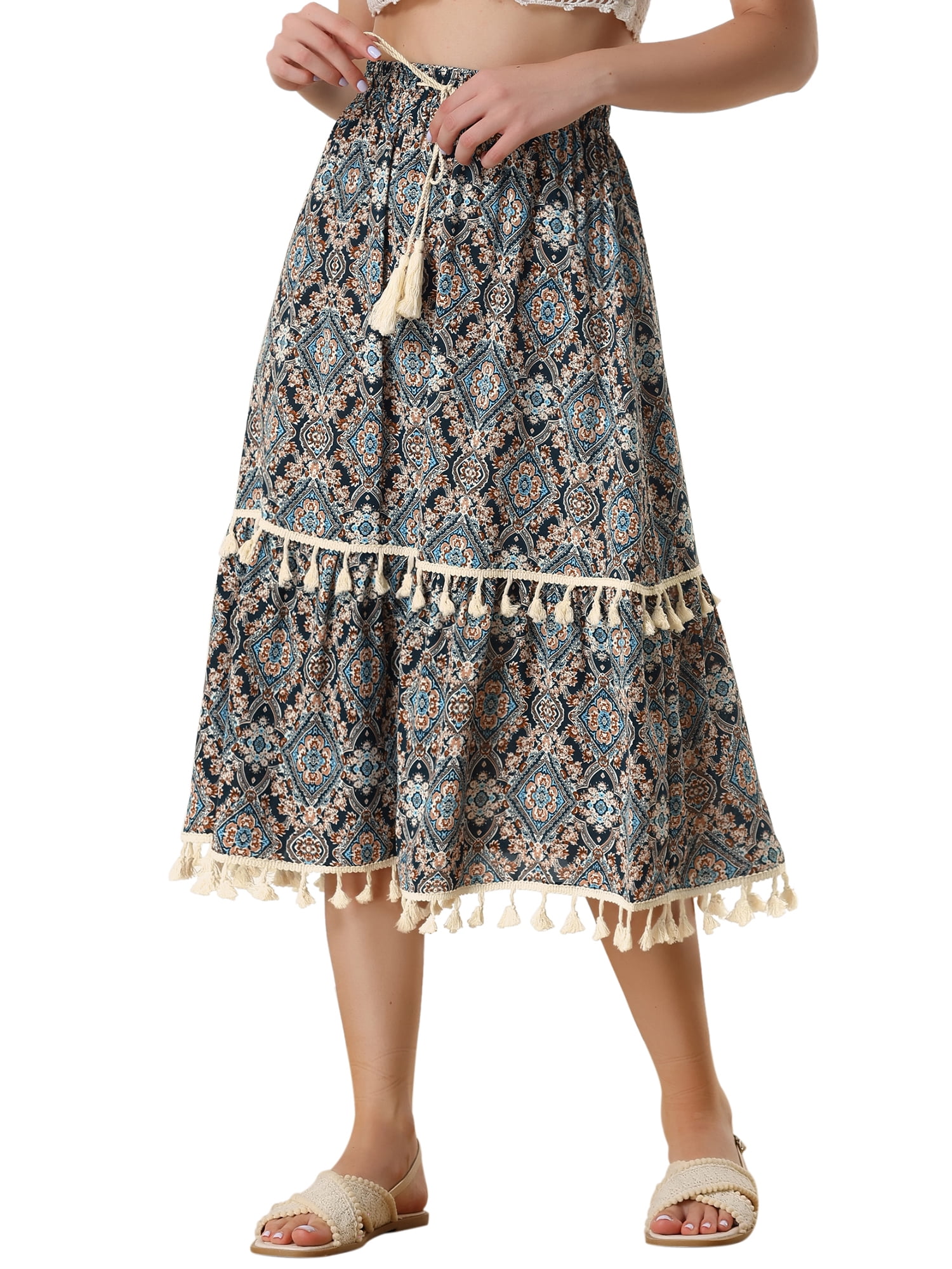 INSPIRE CHIC Women's Vintage Printed Elastic Waist Tiered Tassel Fringe ...