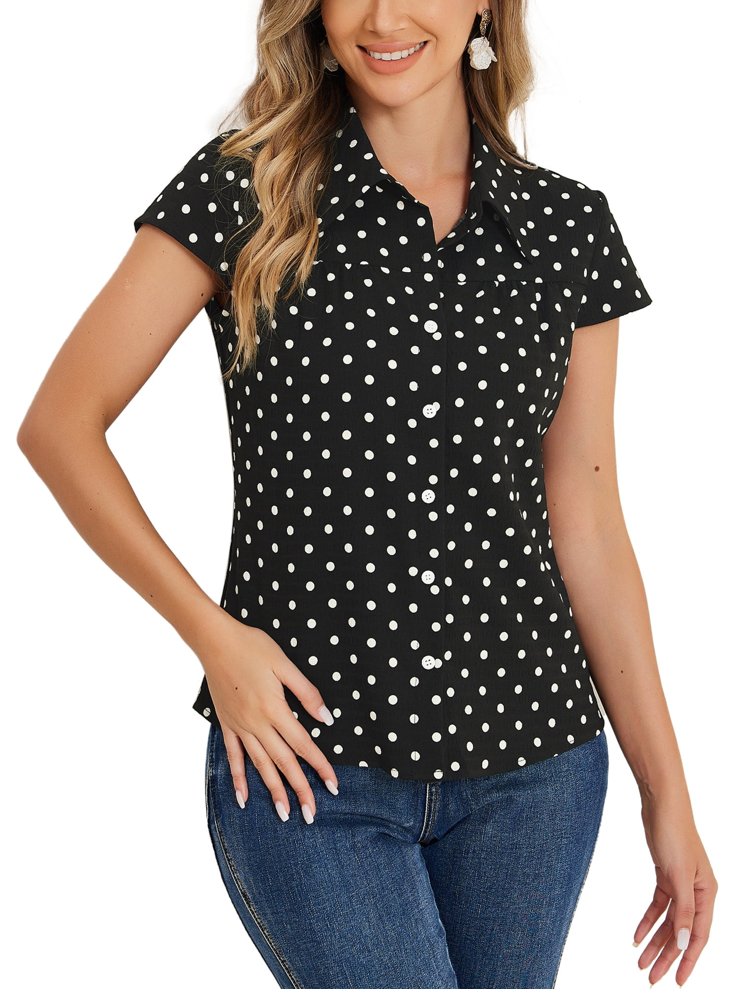 Allegra K Women's Vintage Short Sleeve Tops Button Up Polka Dots Shirt XL Black - Walmart.com