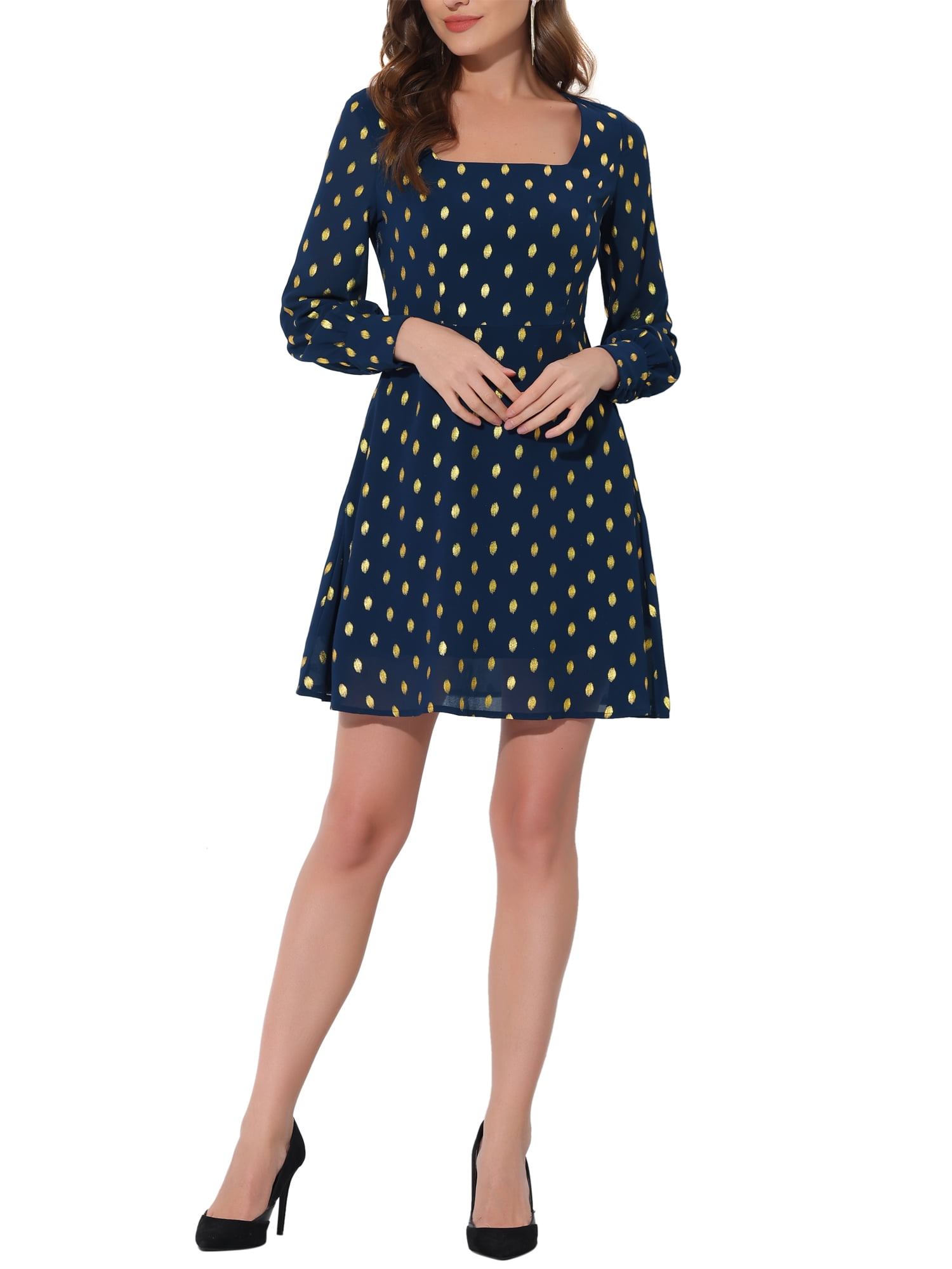 Allegra K Women's Vintage Square Neck Long Puff Sleeve Metallic Dots ...