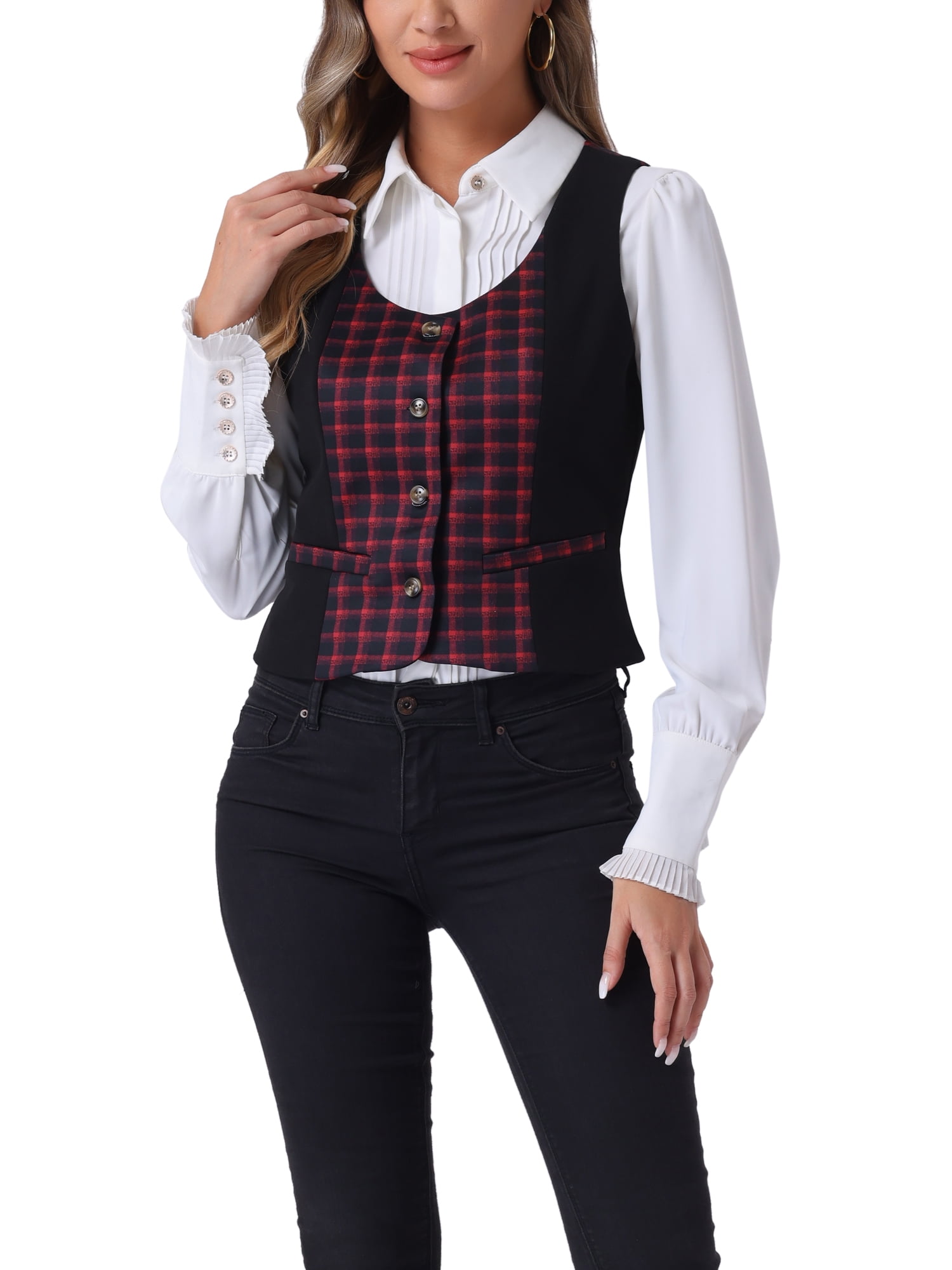 INSPIRE CHIC Women's Vintage Waistcoat Vest Plaid Button Down Work ...