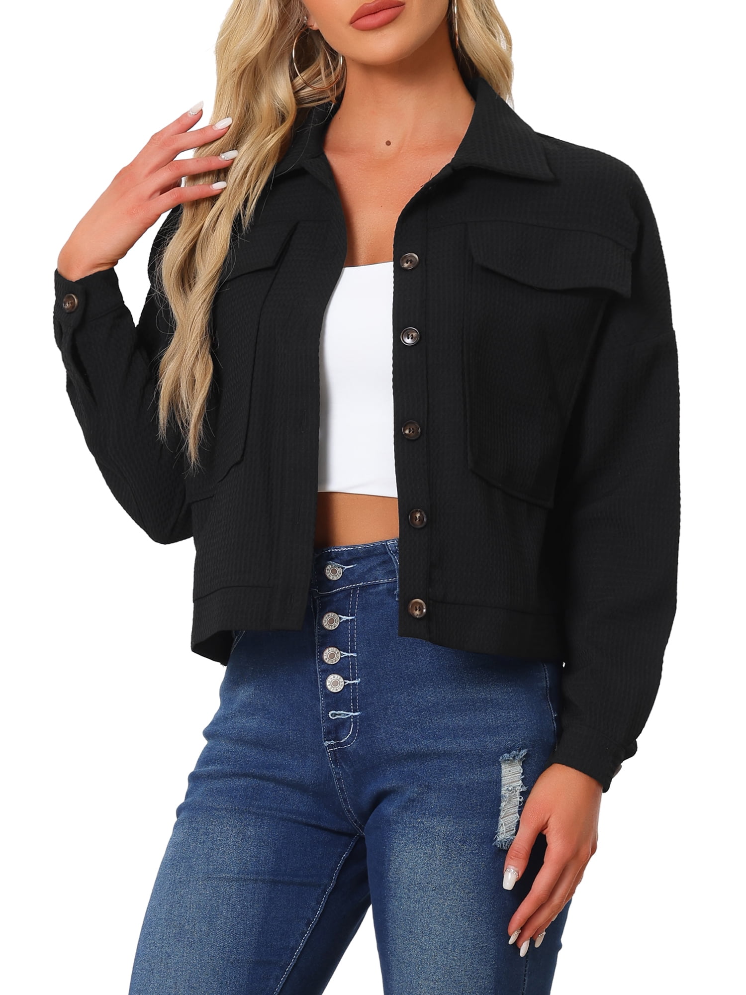 Allegra K Women's Waffle Shacket Jacket Drop Shoulder Pocket Collared ...