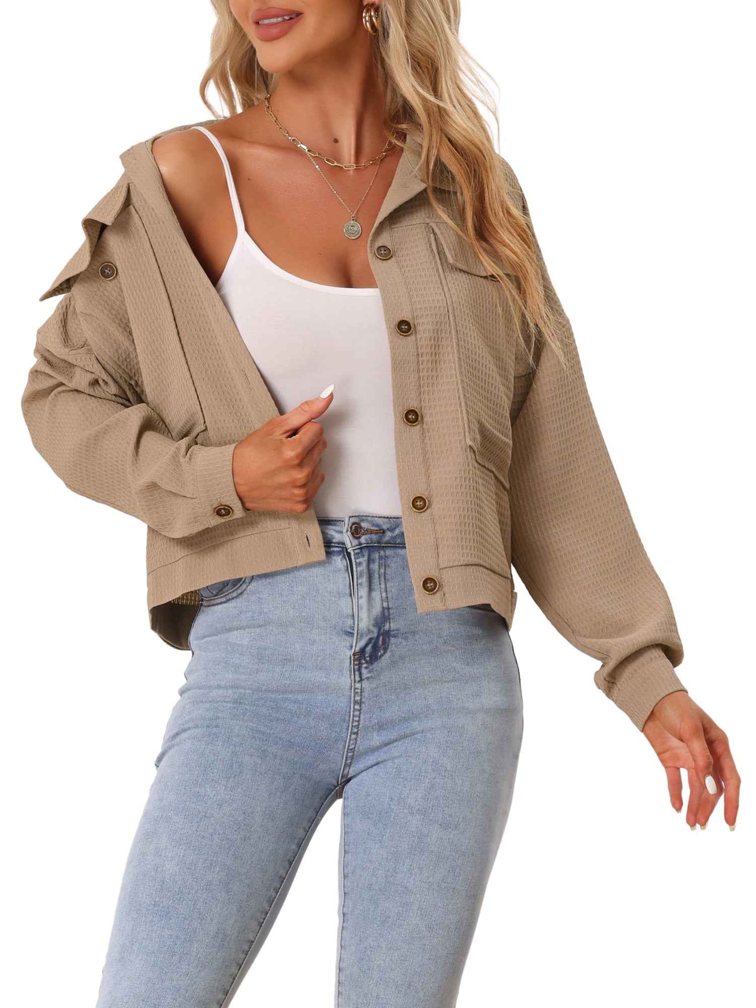 INSPIRE CHIC Women's Waffle Shacket Jacket Drop Shoulder Pocket ...