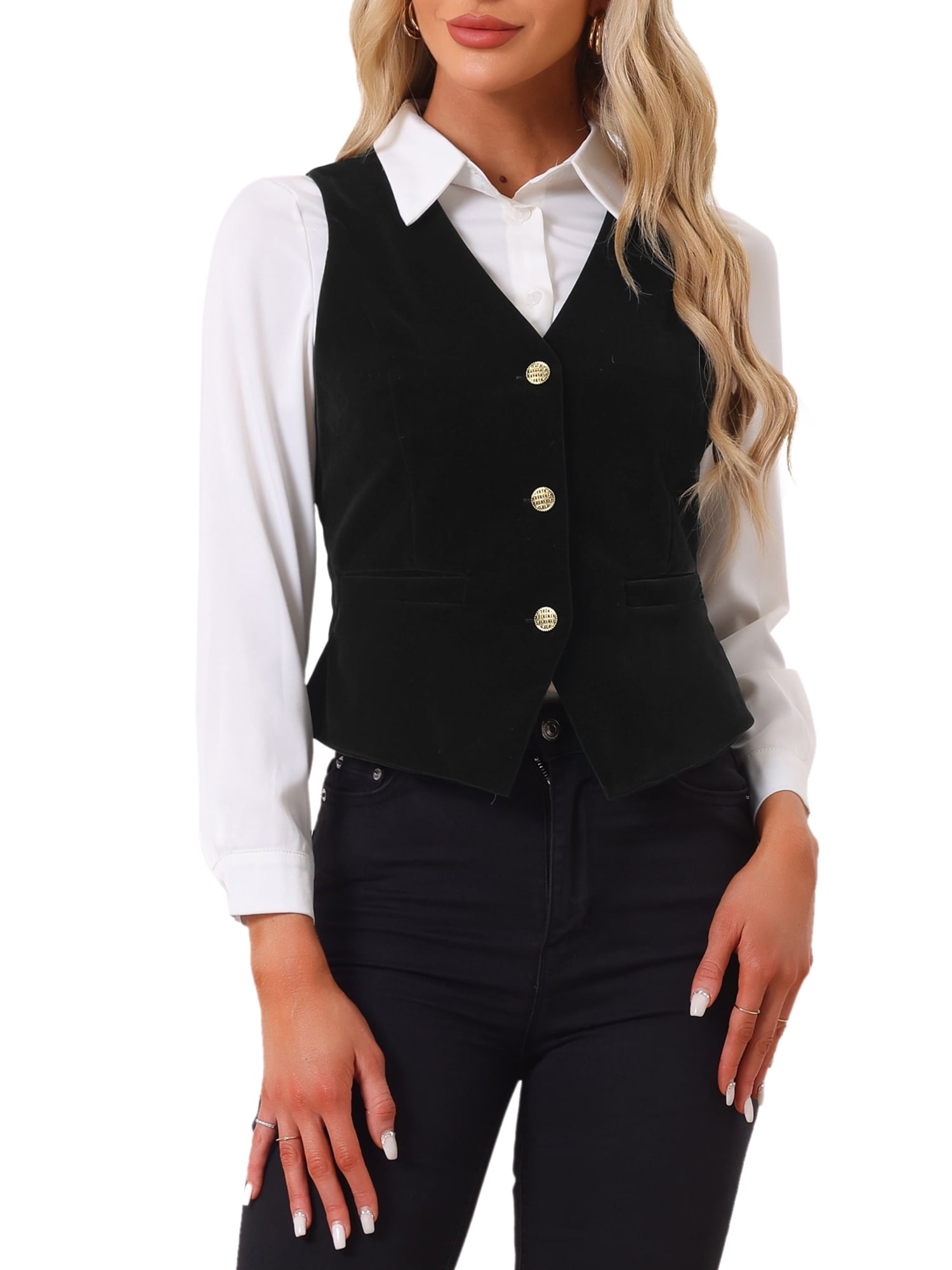 Allegra K Women's Waistcoat Steampunk Velvet Christmas Sleeveless ...