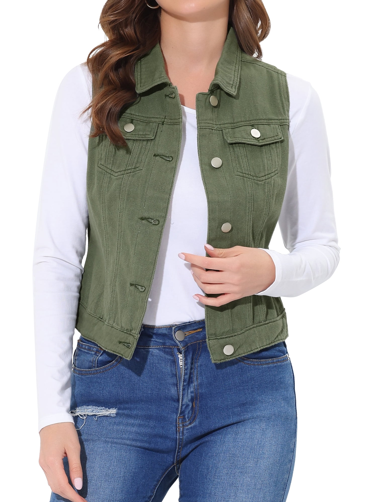 INSPIRE CHIC Women's Washed Chest Flap Pockets Single Breasted Denim ...