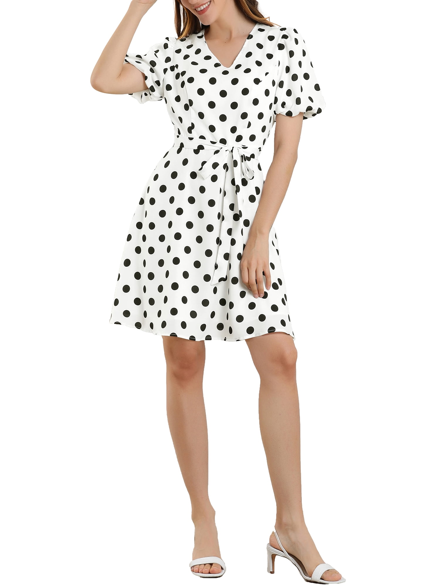 INSPIRE CHIC Women's Wear to Work Self Tie Waist Puff Sleeve Dots Print ...