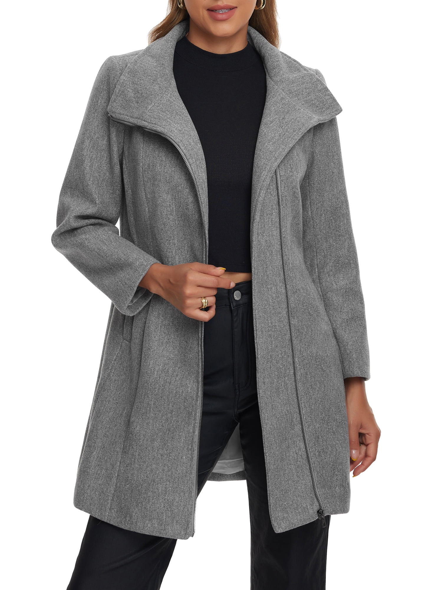 INSPIRE CHIC Women's Winter Pea Coat with Pockets Stand Collar Mid ...