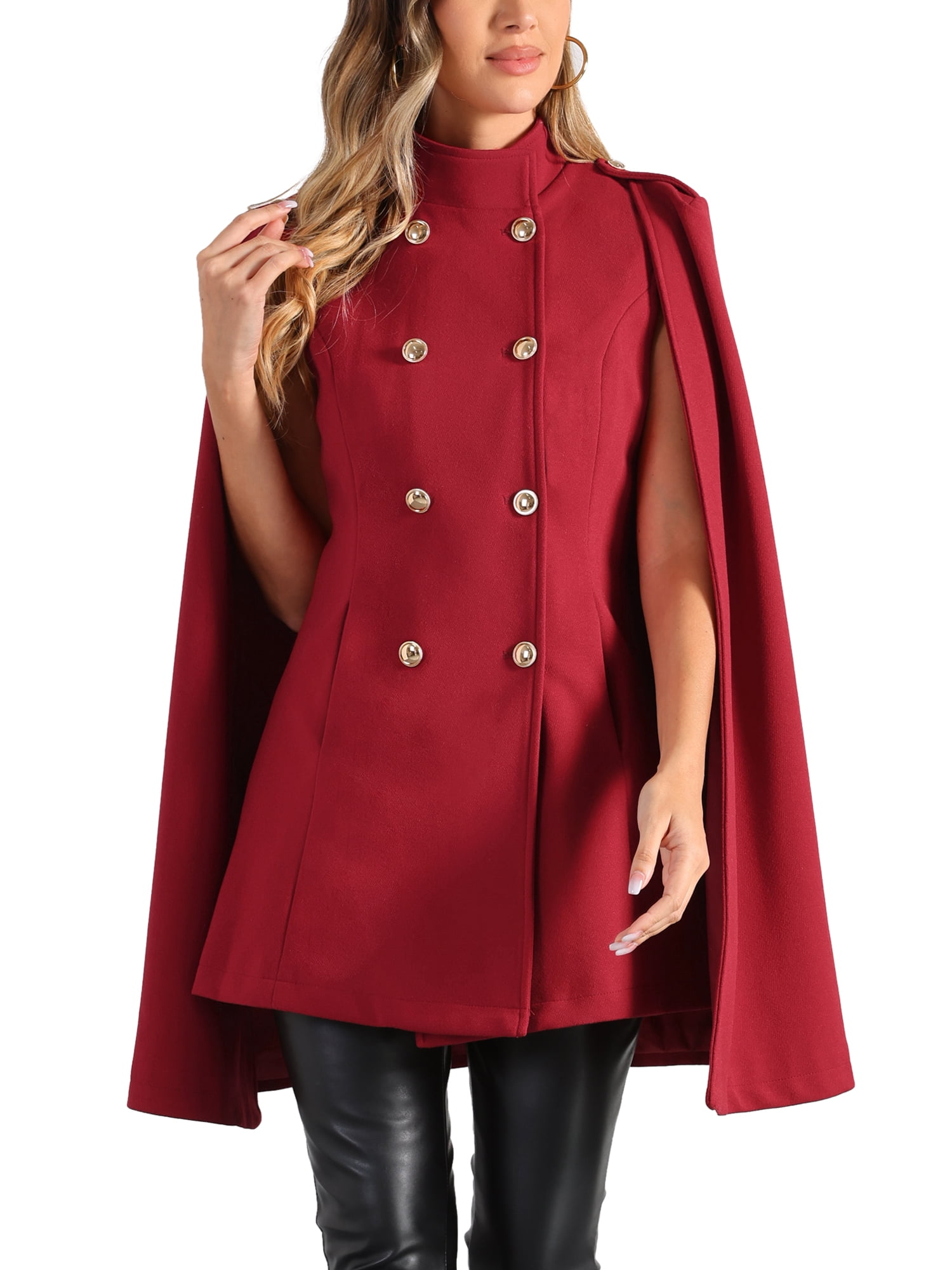 Allegra K Women's Winter Slit Sleeve Double Breasted Cloak Coat L ...