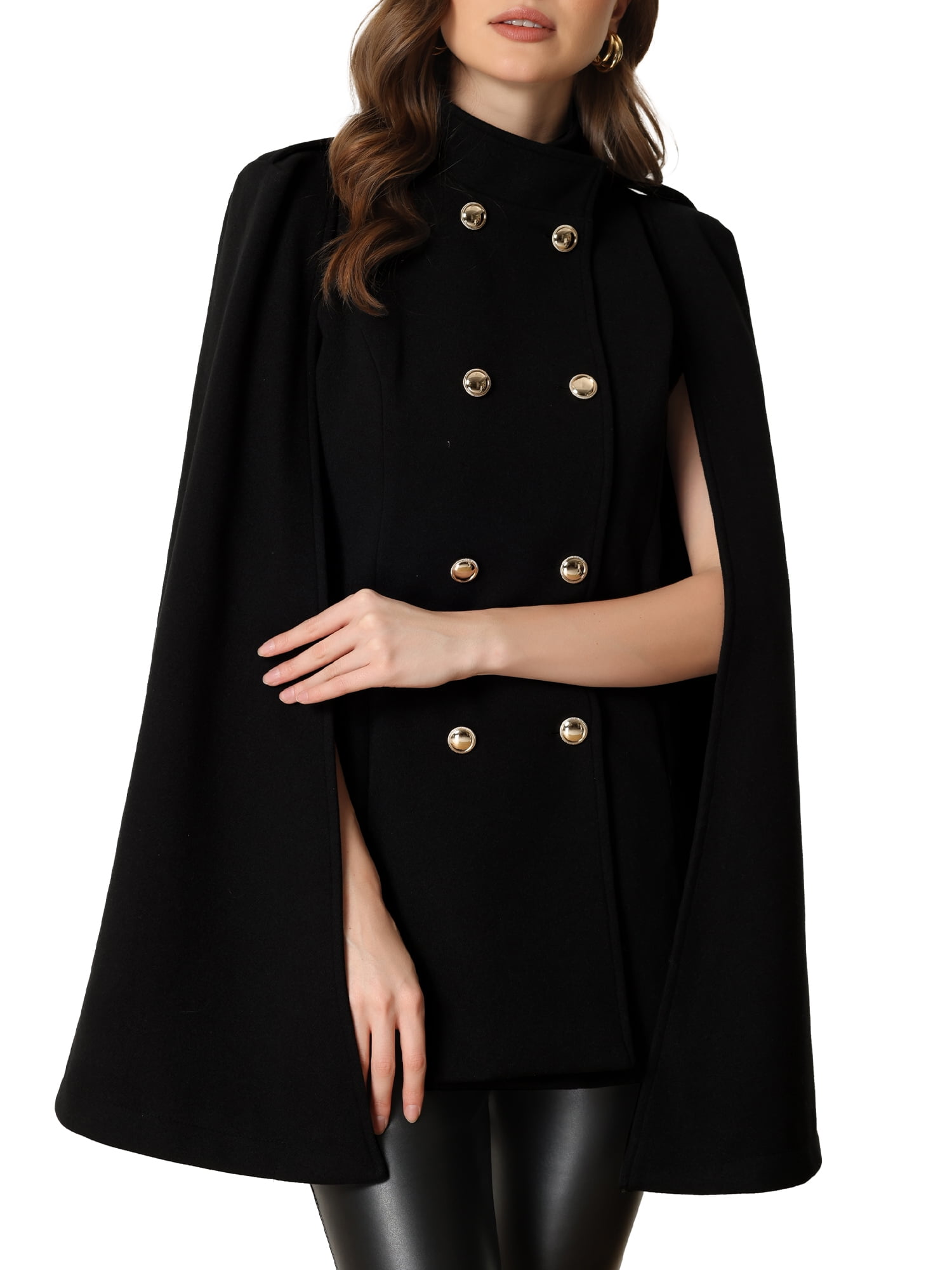 Allegra K Women's Winter Slit Sleeve Double Breasted Cloak Coat M Black ...