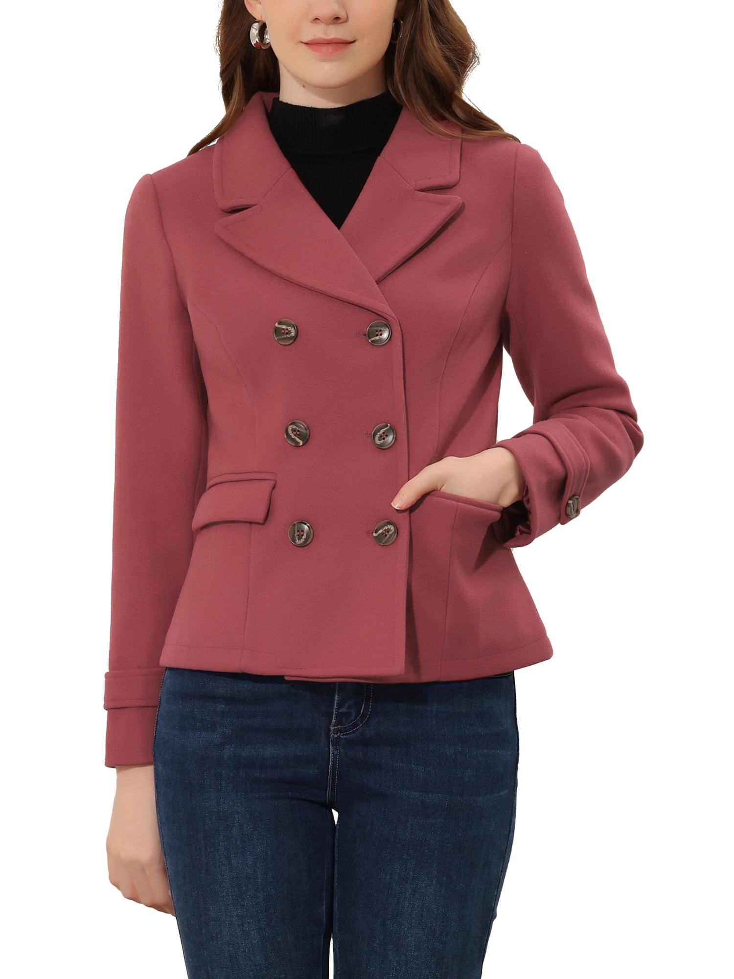 Allegra K Women's Winter Worsted Notched Lapel Double Breasted Overcoat ...