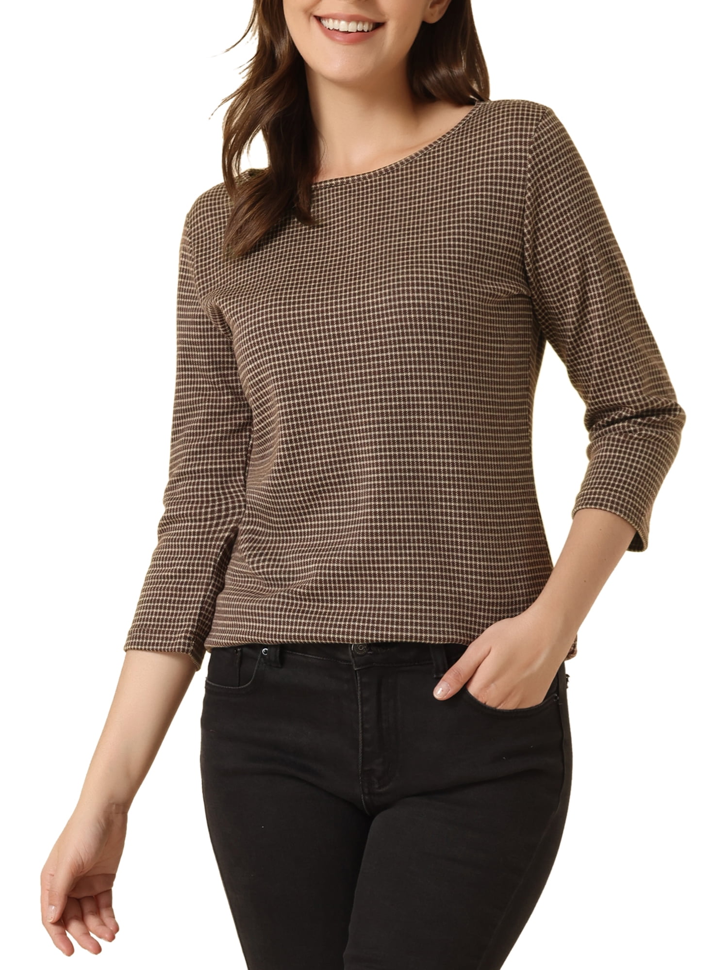 Allegra K Womens Houndstooth Plaid Top 3 4 Sleeve Boat Neck Work