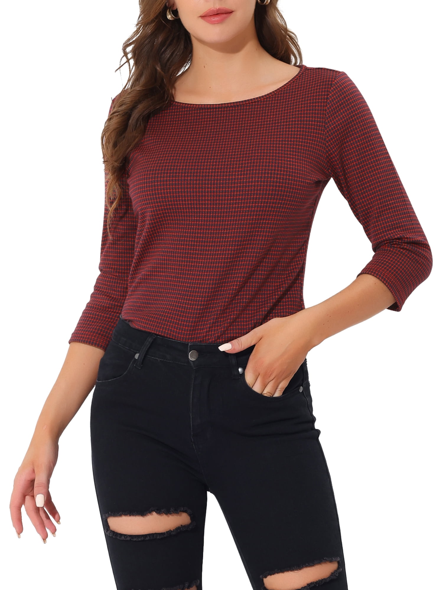 Allegra K Womens Work Boat Neck 3 4 Sleeve Stretchy Knit Blouse