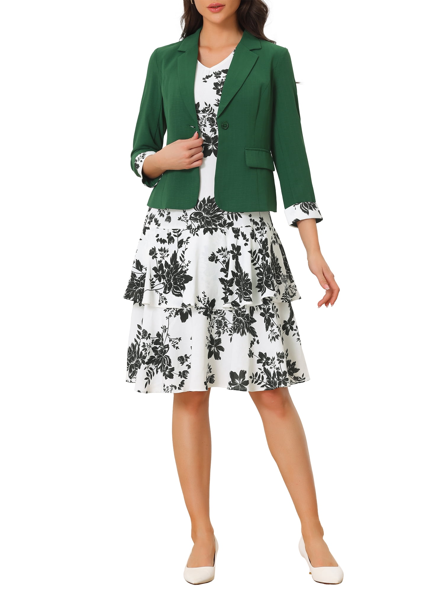 Allegra K Women's Work Bow Print 2pc Sets Chiffon V Neck Contrast Panel ...