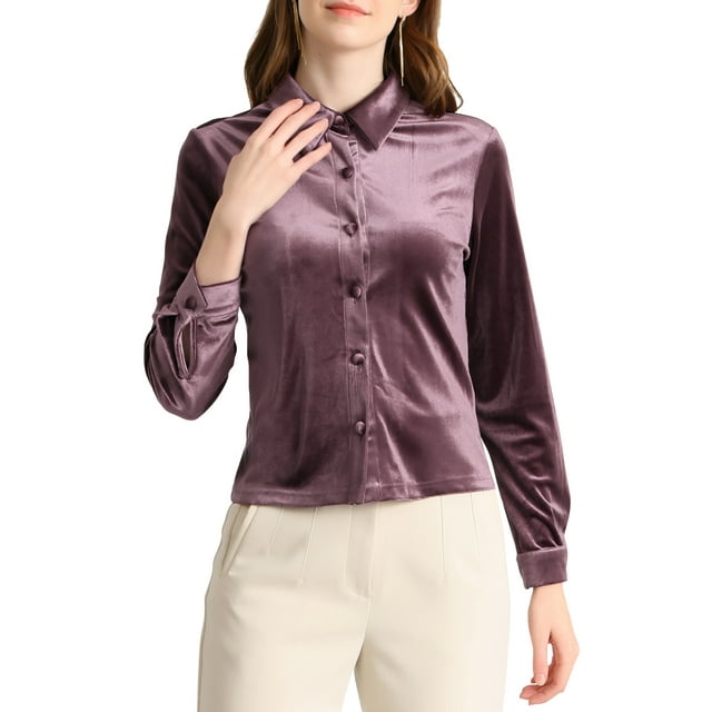 Allegra K Women's Work Button Up Point Collar Long Sleeve Velvet Blouse ...