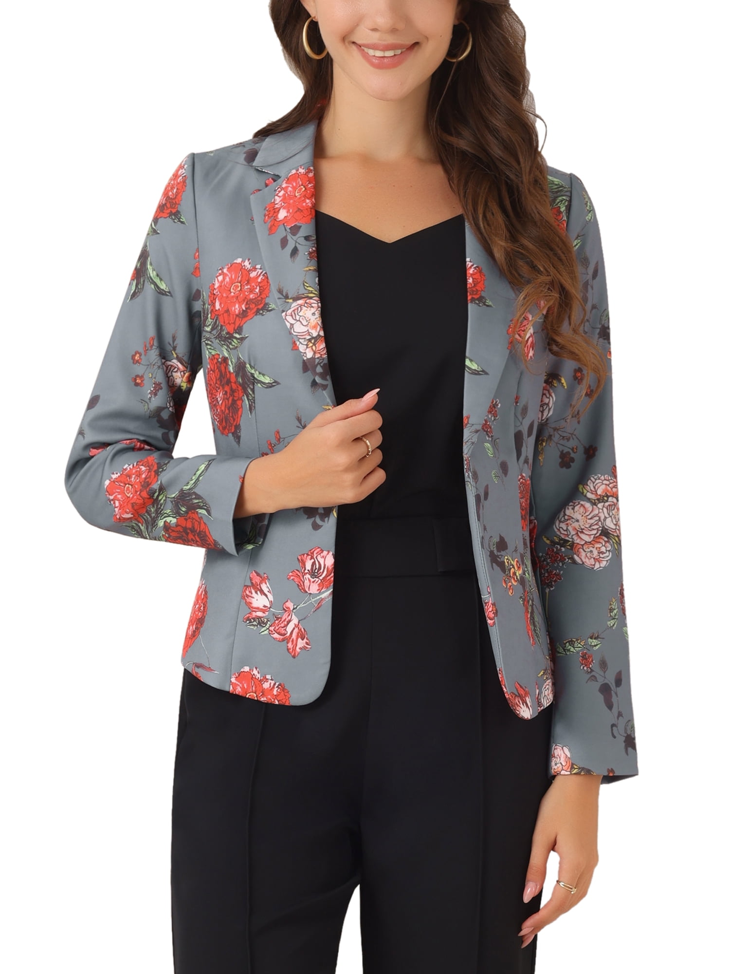 INSPIRE CHIC Women's Fitted Blazer Notch Lapel Printed Open Front Work ...