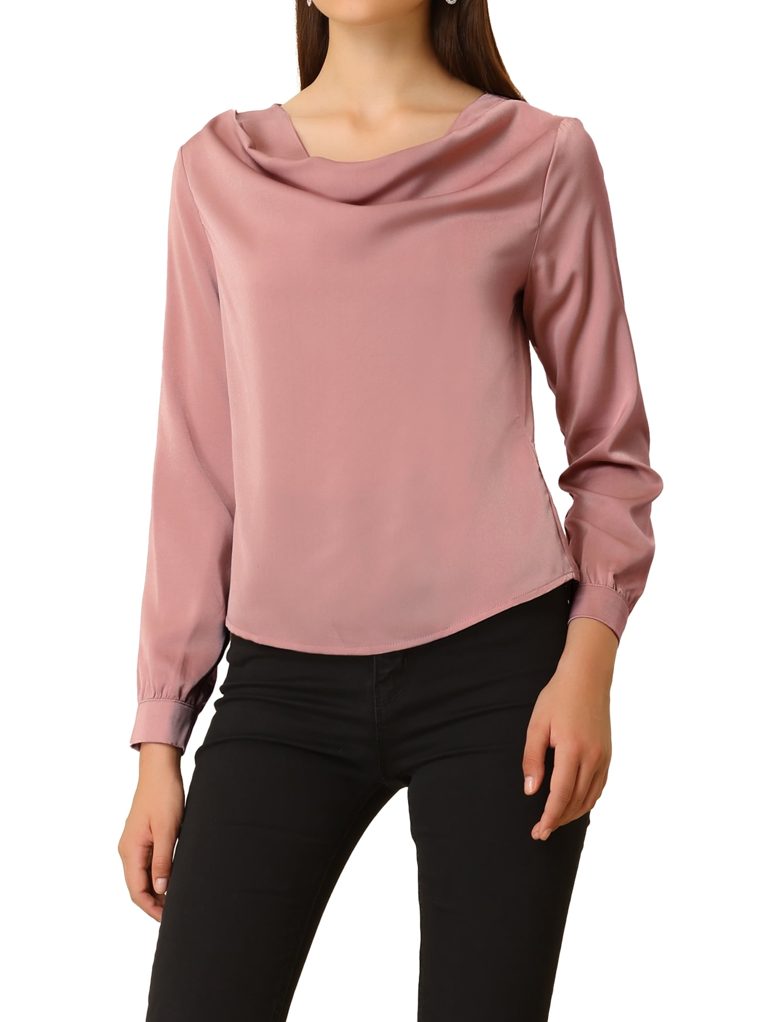Allegra K Women's Work Elegant Long Sleeve Satin Cowl Neck Tops ...