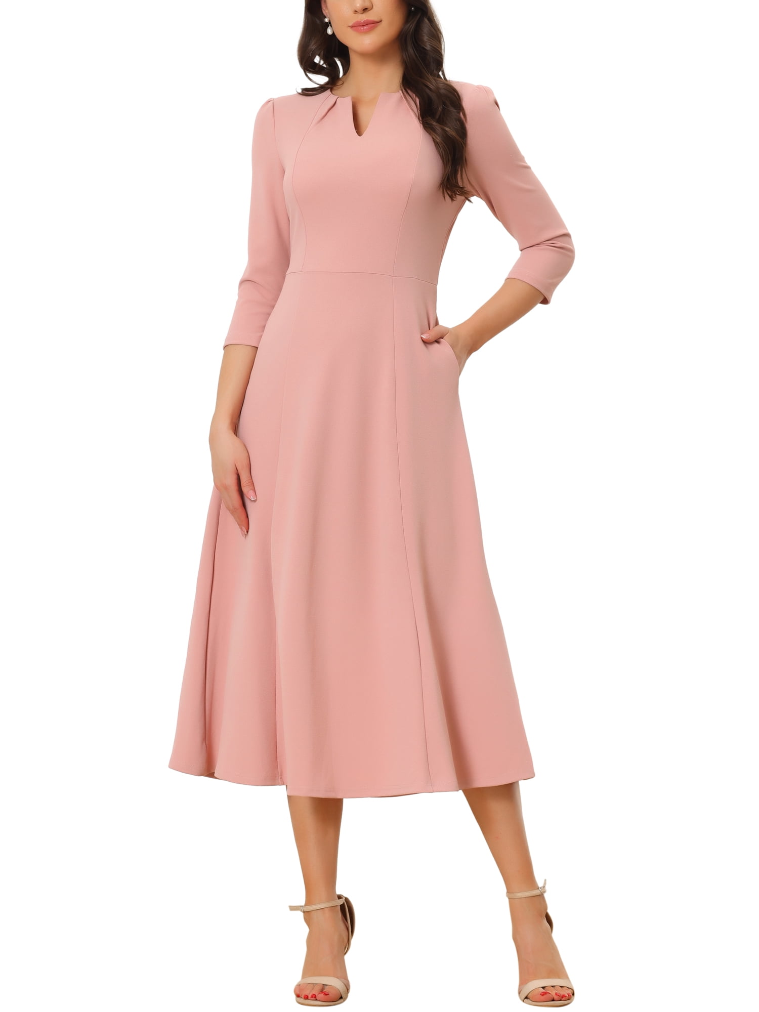 Allegra K Women's Wear-to-Work A-Line Dress Elegant 3/4 Sleeve Notched ...
