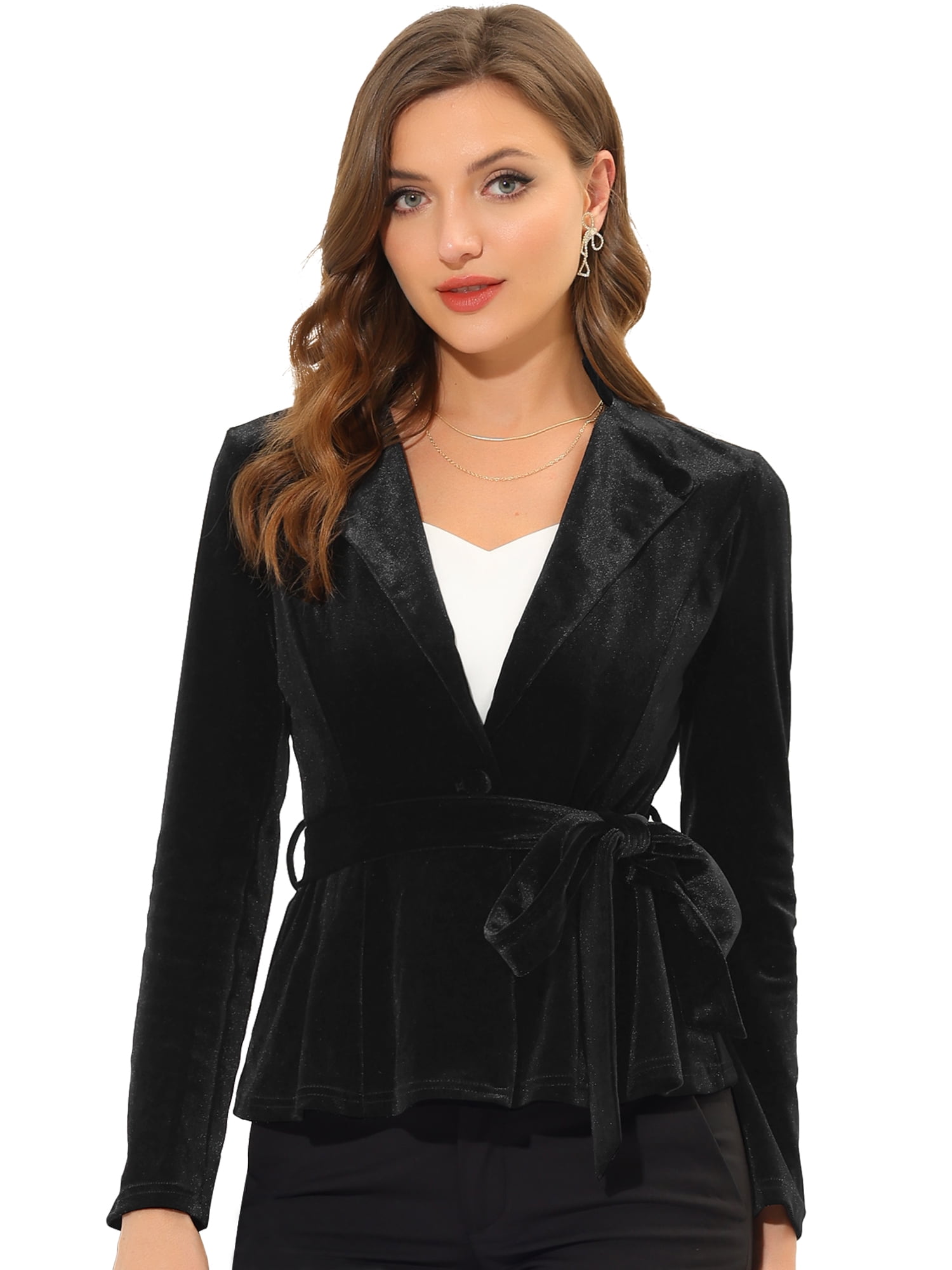 Allegra K Women's Work Office Belted Notched Lapel Long Sleeves Velet ...