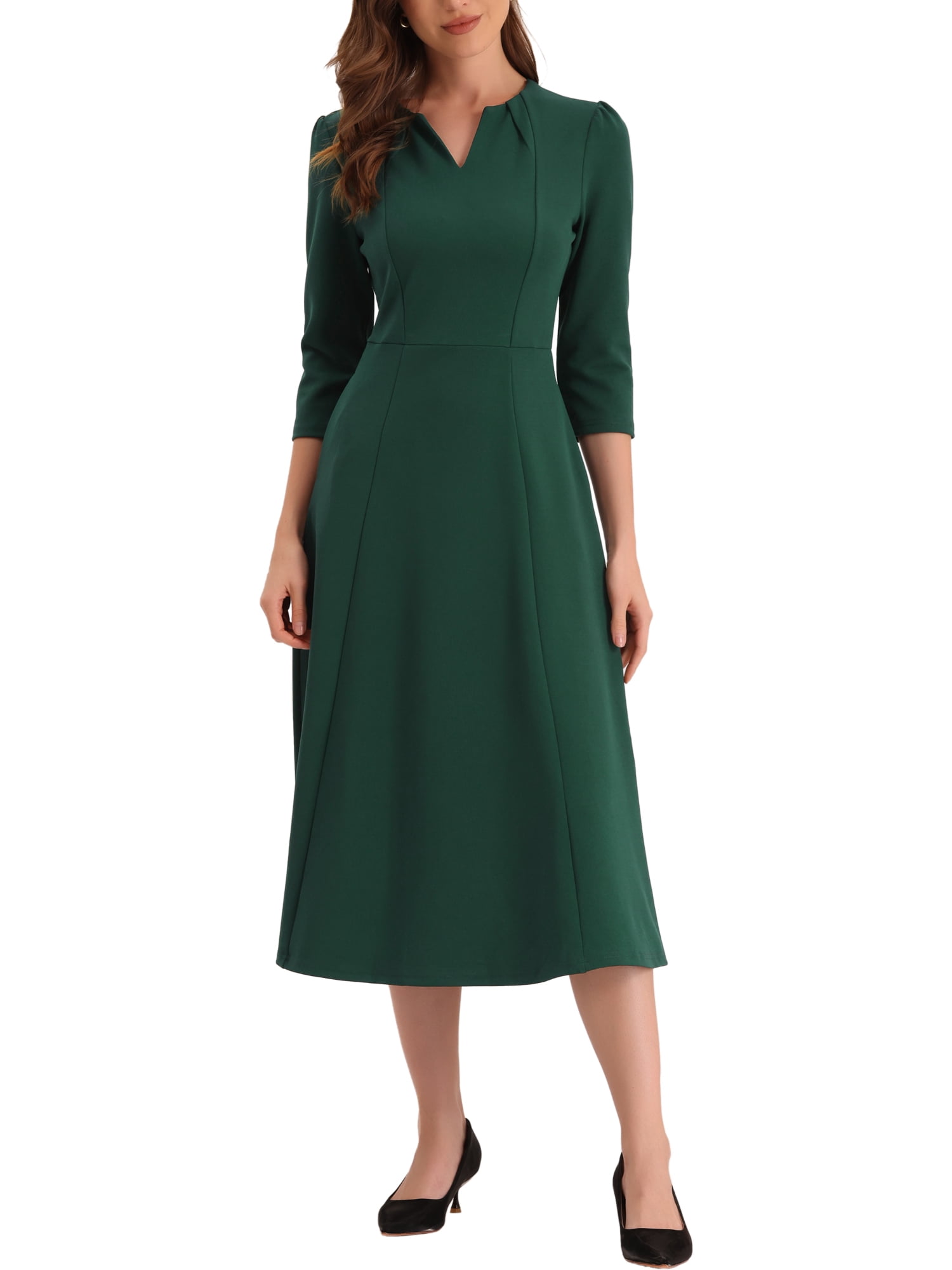 Allegra K Women's Work Office Elegant 3/4 Sleeve V Neck A-Line Dress ...
