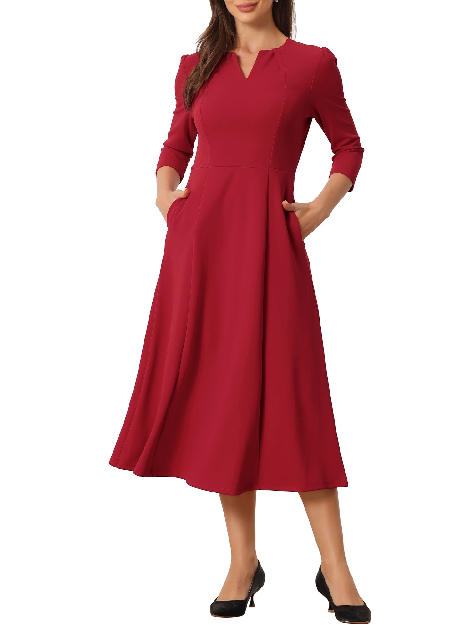 Allegra K Women's Work Office Elegant 3/4 Sleeve V Neck A-Line Dress ...